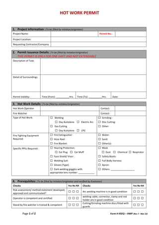 HOT WORK PERMIT Form # HSEQ - HWP Rev 7 -.docx | Home Appliances | Home ...