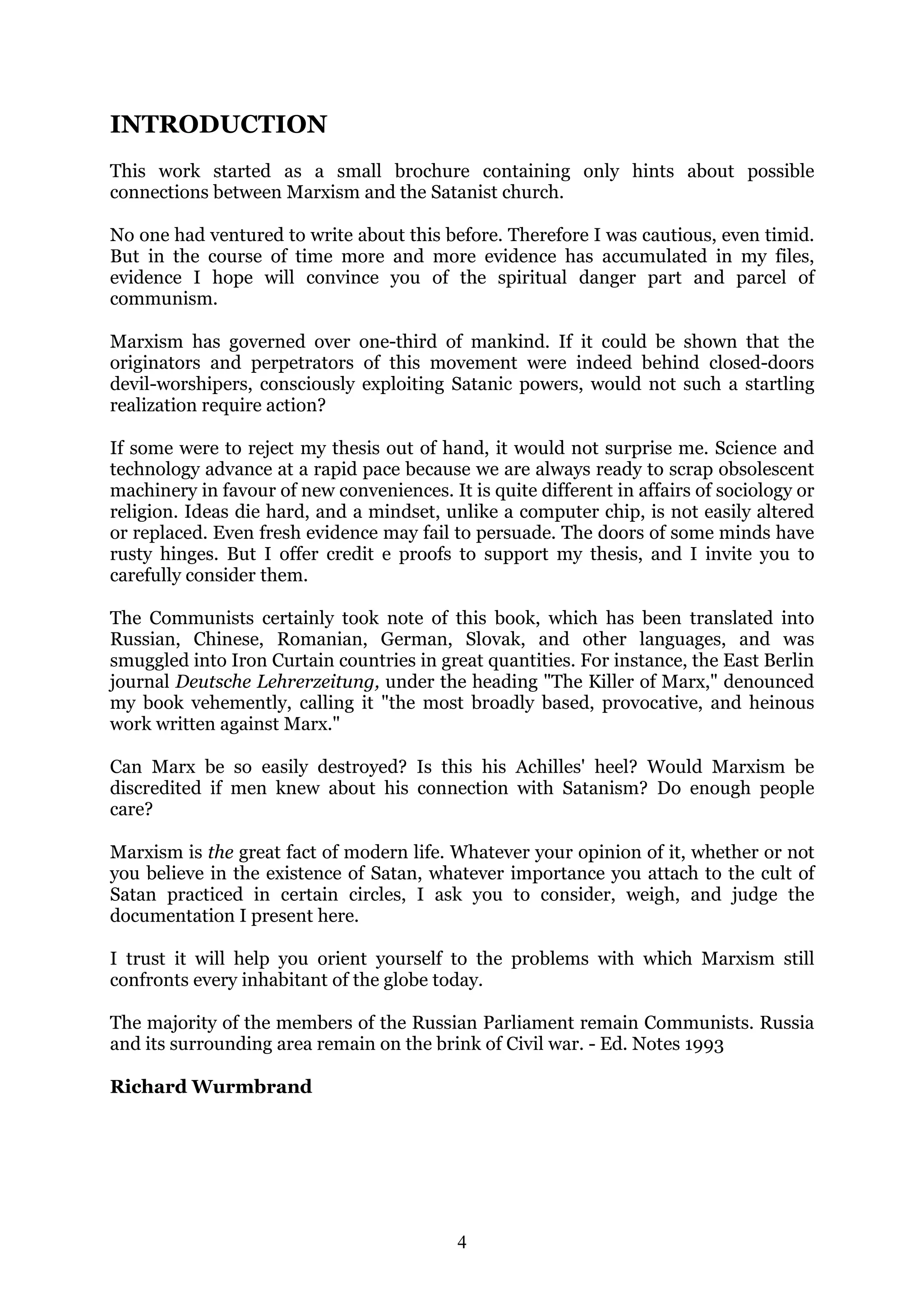 Hour of the time (Marx and Satan) - Richard Wurmbrand | PDF