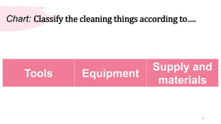 TYPES AND USES OF CLEANING TOOLS, EQUIPMENT, SUPPLIES AND MATERIALS.pptx