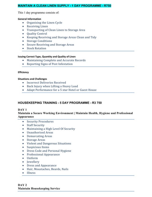 Housekeepers training programmes sam hospitality academy | PDF