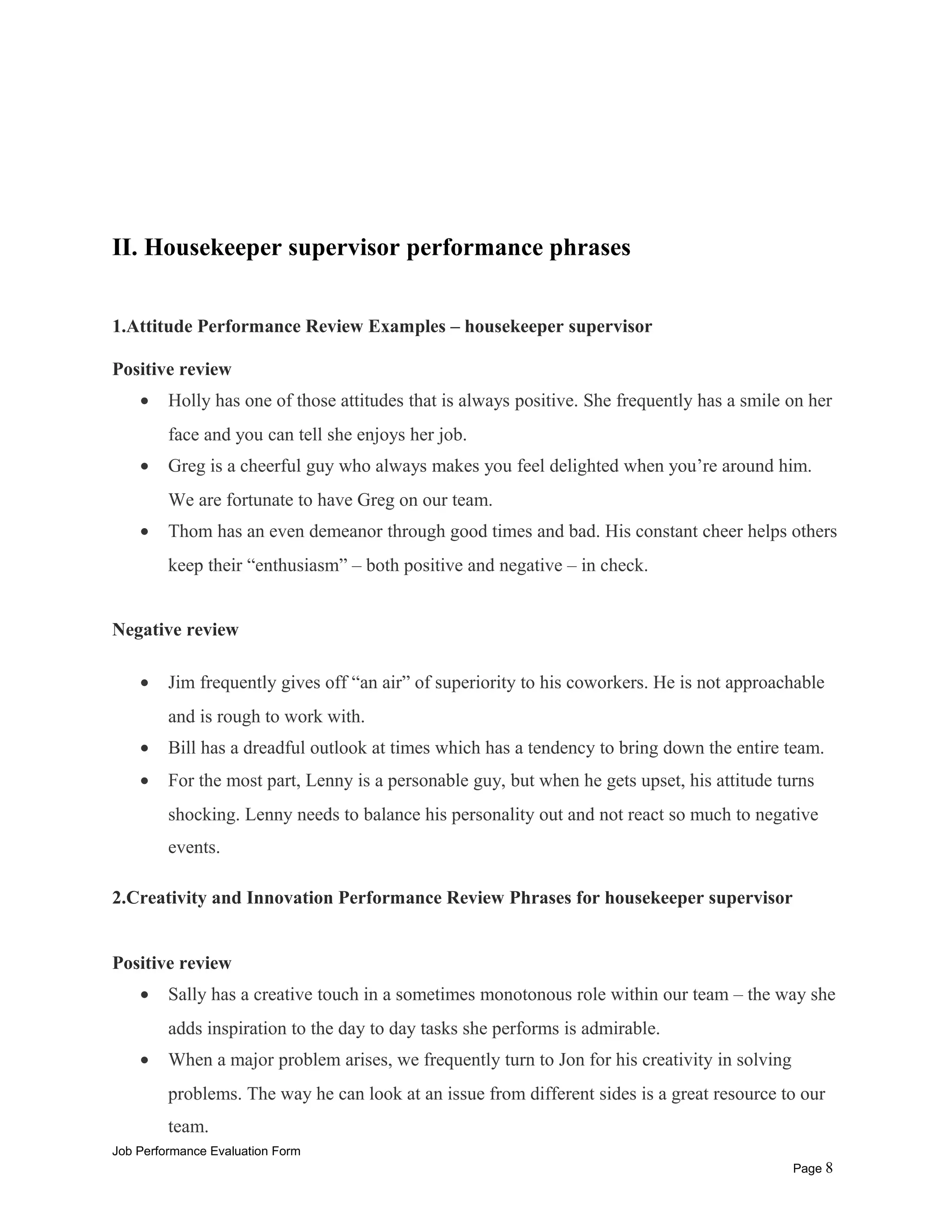 Housekeeper supervisor performance appraisal | DOC