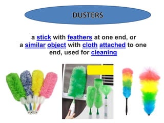 Housekeeping cleaning supplies, tools and equipments | PPTX