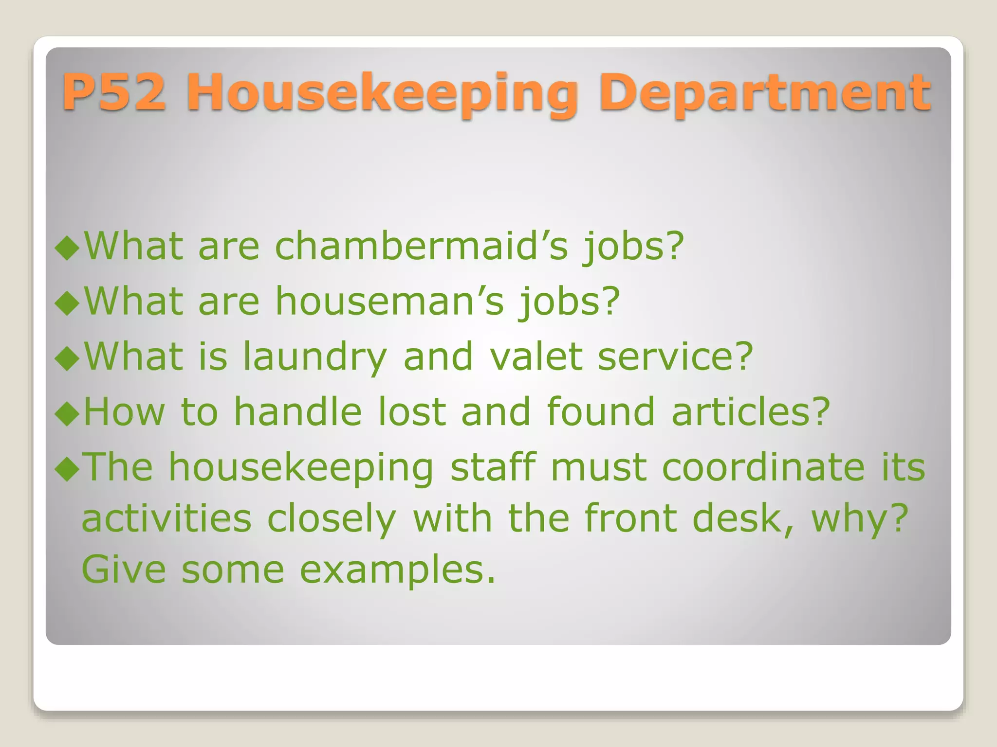 Housekeeping department (basics) | PPTX