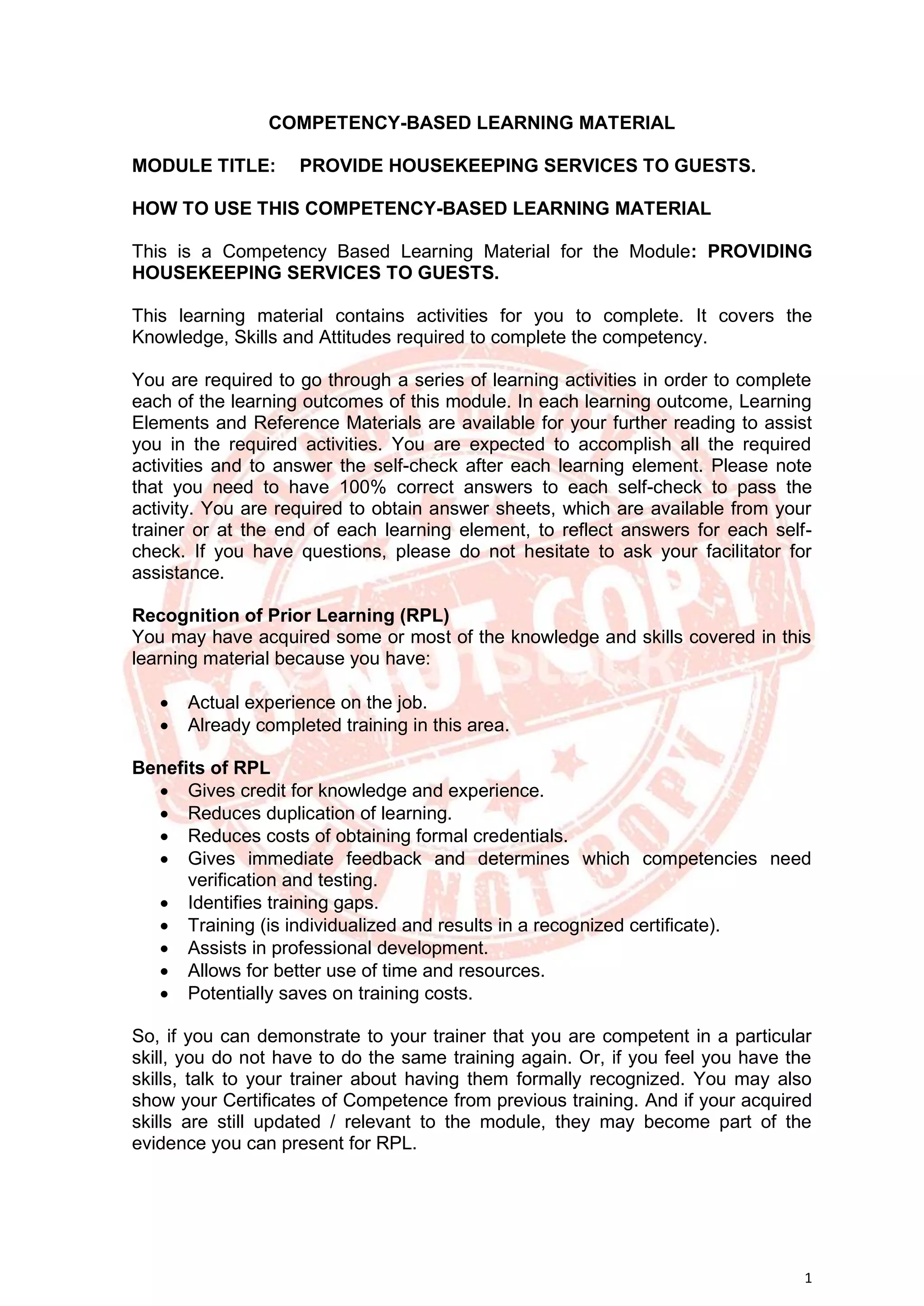 HOUSEKEEPING NC II - CBLM | PDF