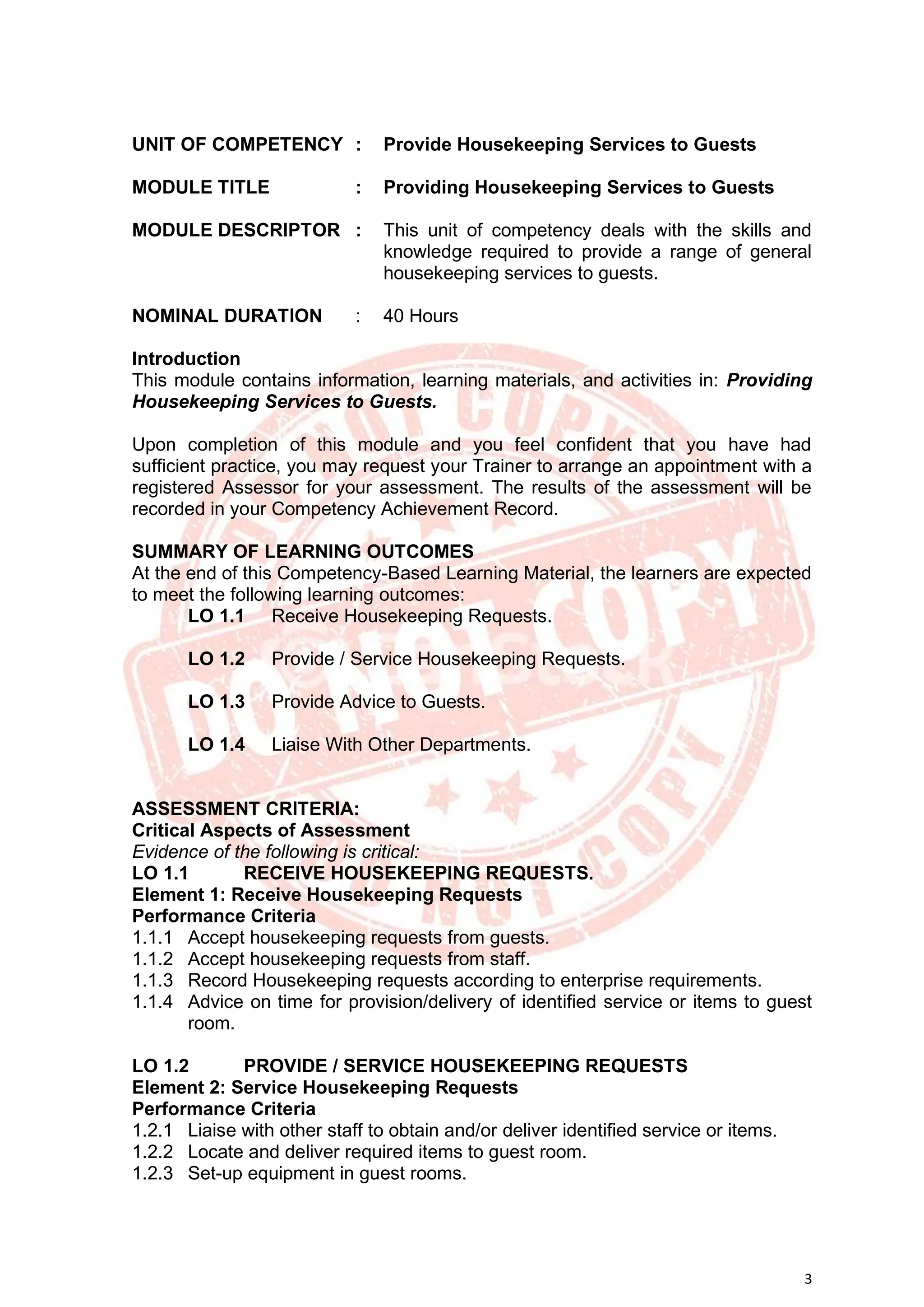 HOUSEKEEPING NC II - CBLM | PDF