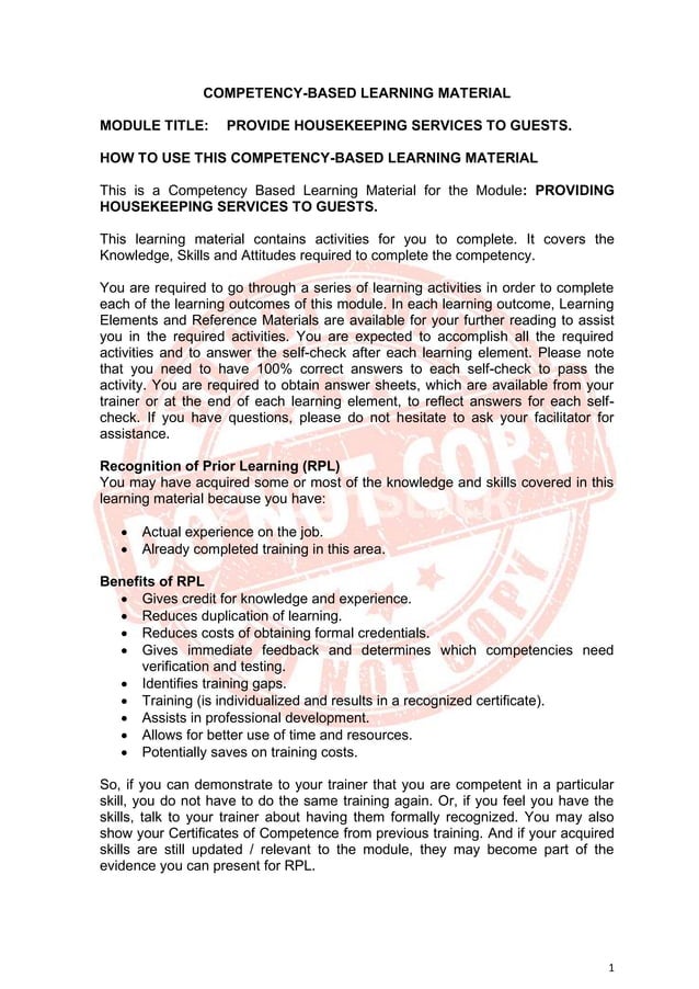 HOUSEKEEPING NC II - CBLM | PDF