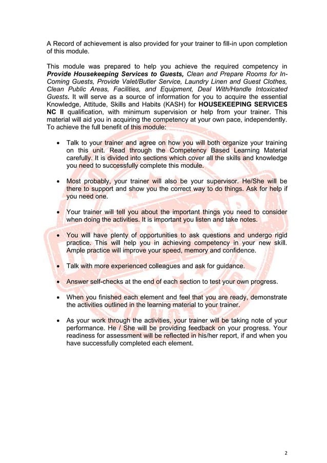 HOUSEKEEPING NC II - CBLM | PDF