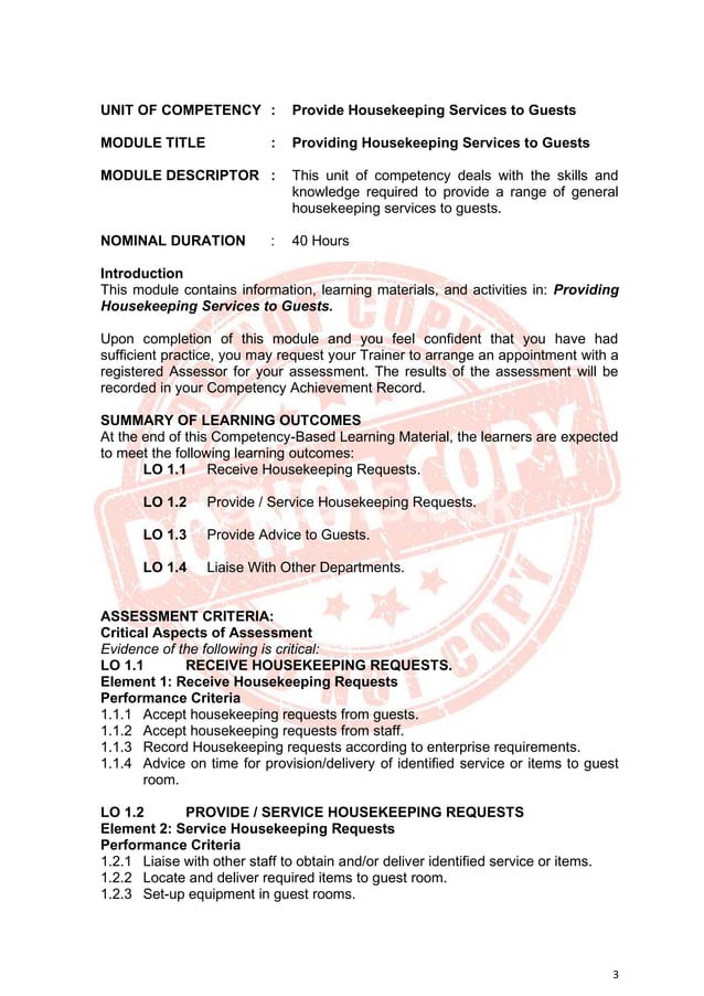 HOUSEKEEPING NC II - CBLM | PDF