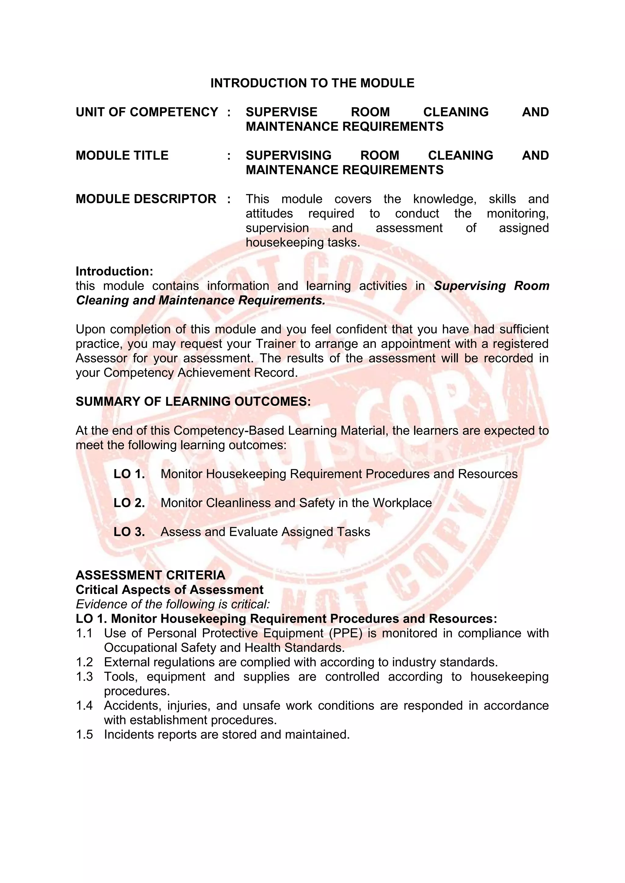 HOUSEKEEPING NC III - CBLM | PDF