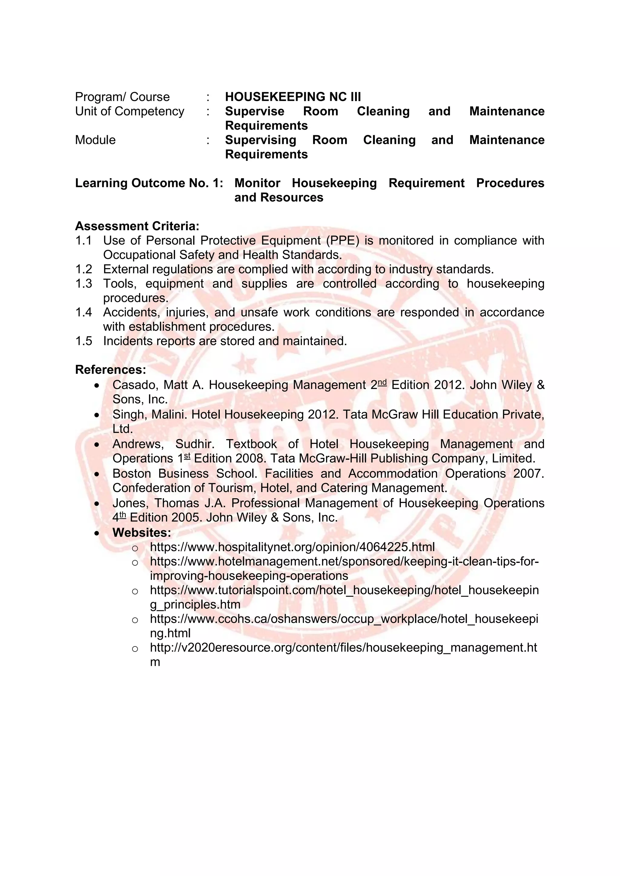 HOUSEKEEPING NC III - CBLM | PDF