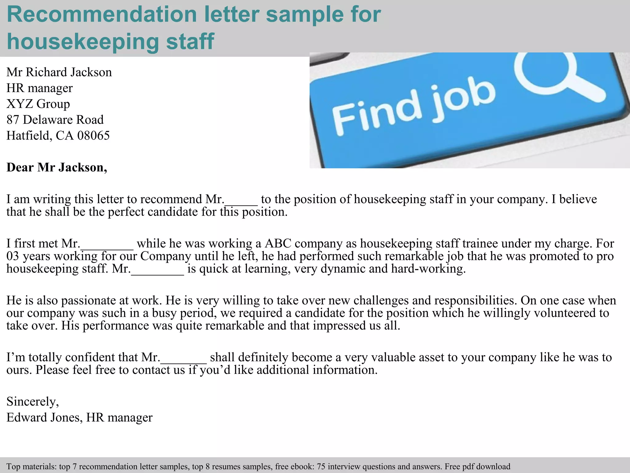 Housekeeping staff recommendation letter | PPT