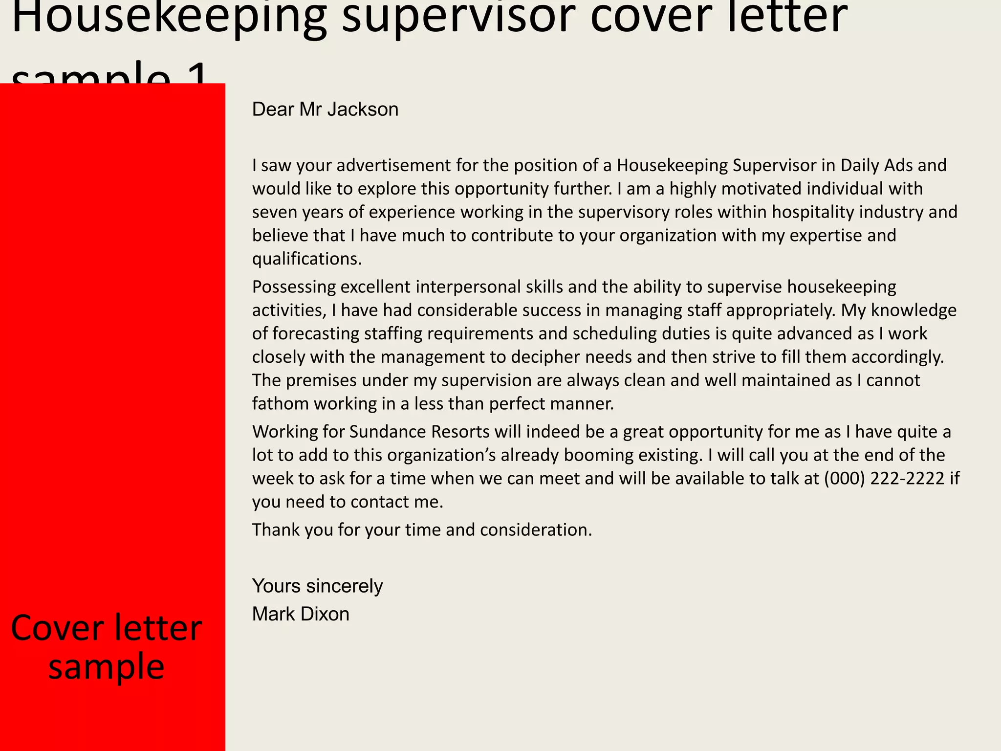 Housekeeping supervisor cover letter | PPT