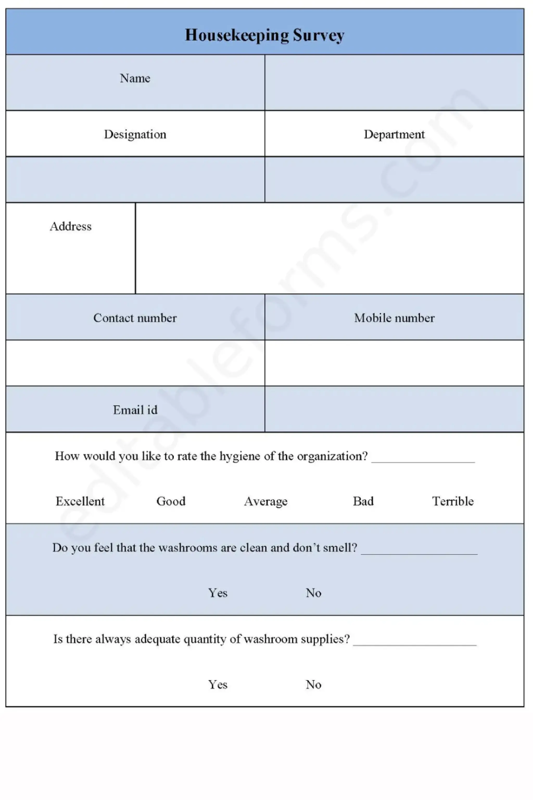 House keeping Survey Fillable PDF Template | PDF