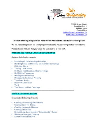 On-site Housekeeping training | Hotels | Game Lodges | Villas ...