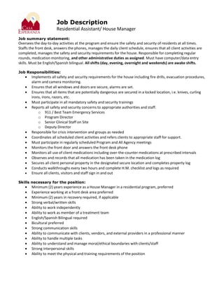 Casa Esperanza, Inc. House Manager Job Description | PDF