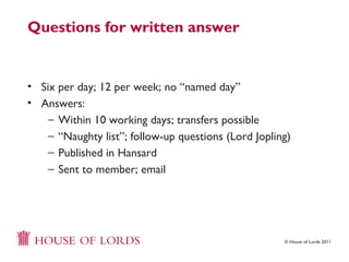 House of Lords Parliamentary Questions | POT