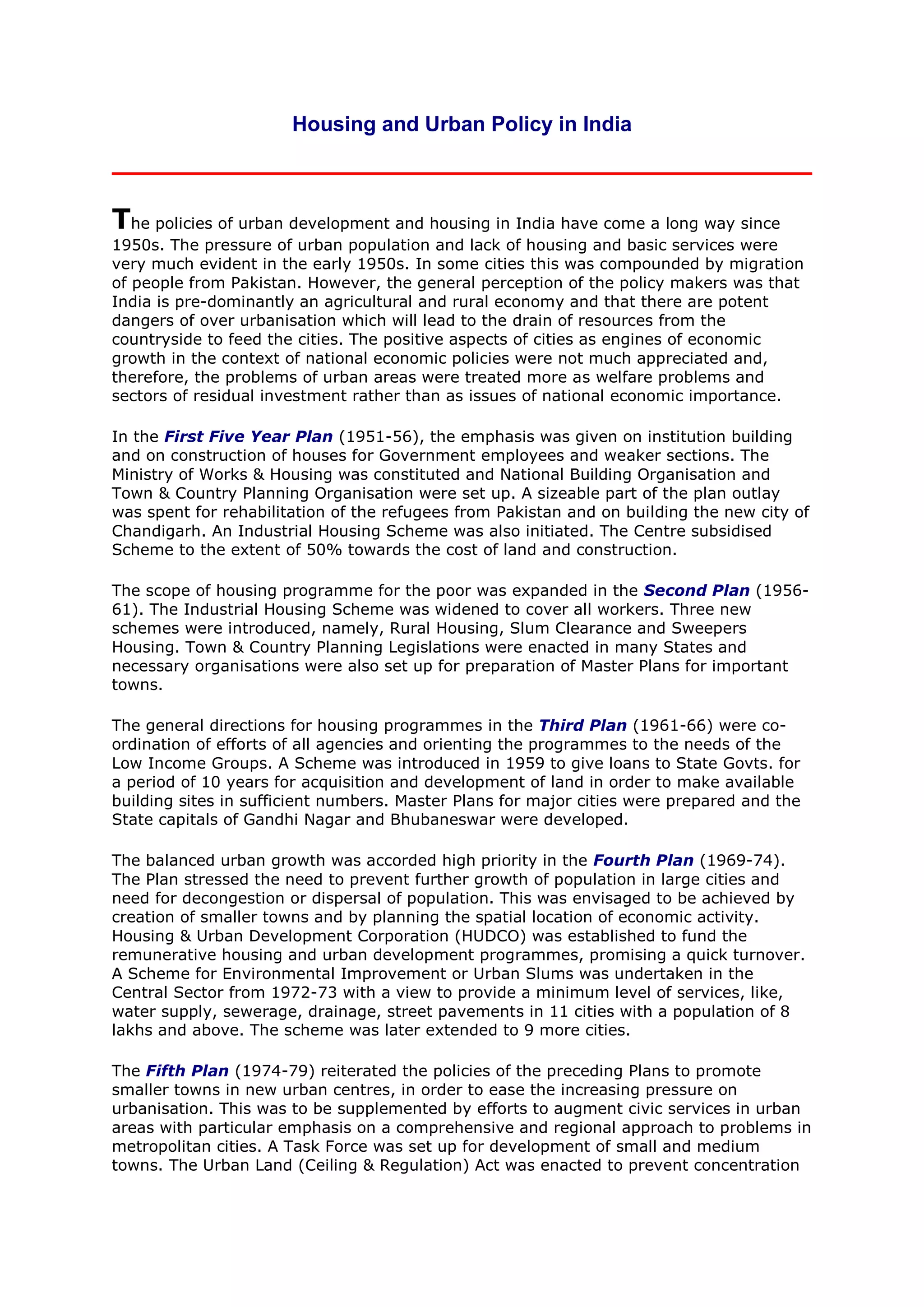 Housing and urban policy in india | PDF