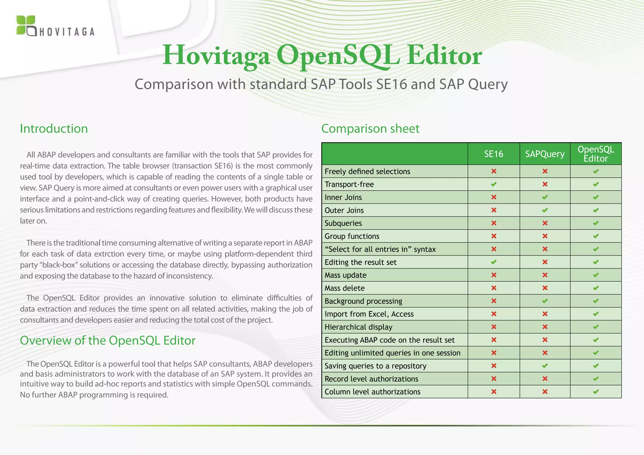 Hovitaga OpenSQL Editor - Comparison with SE16 and SAP query | PDF
