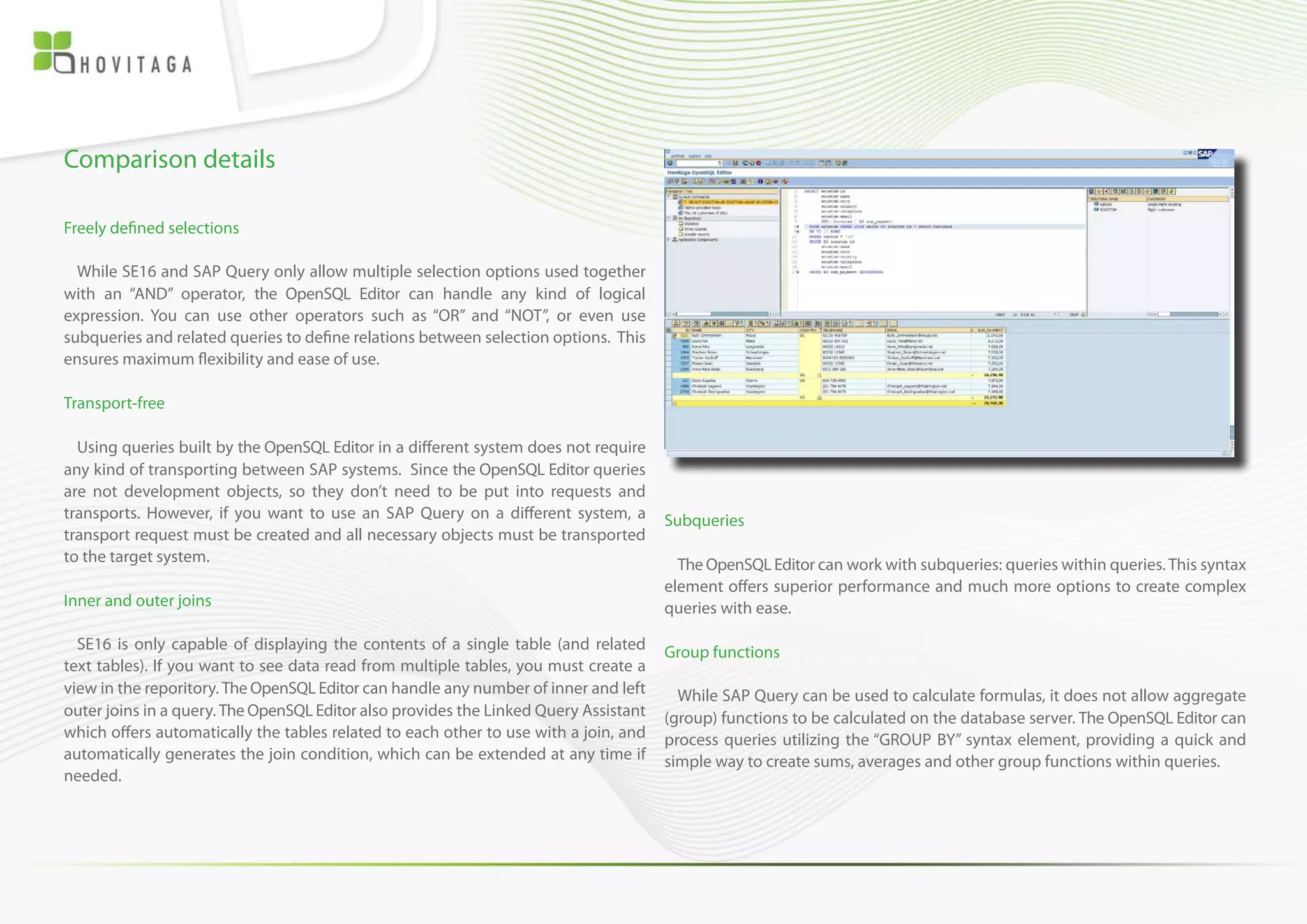 Hovitaga OpenSQL Editor - Comparison with SE16 and SAP query | PDF