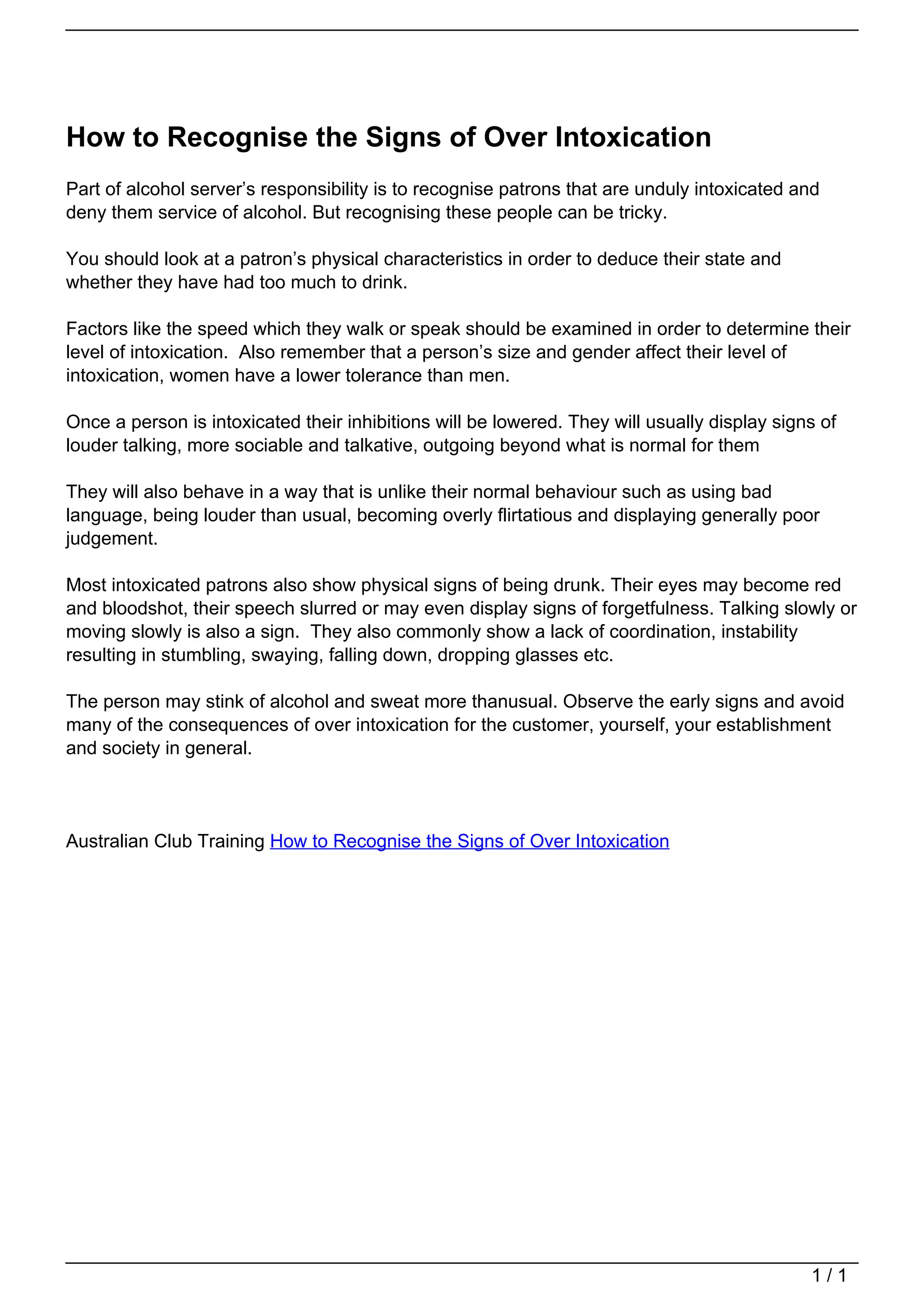 How to Recognise the Signs of Over Intoxication | PDF