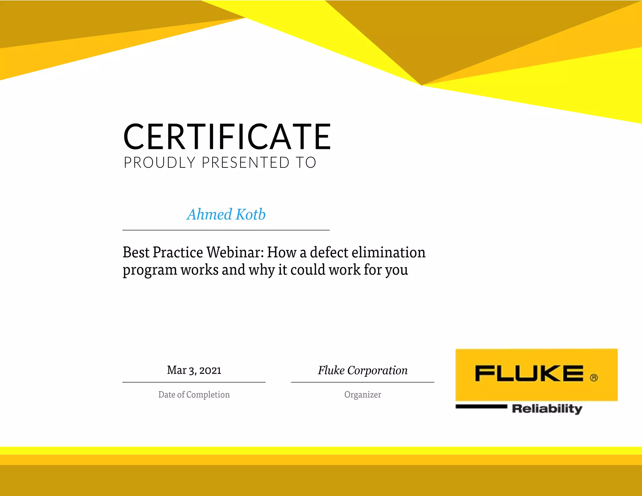 Certificate of Attendance "How a defect elimination program works and ...