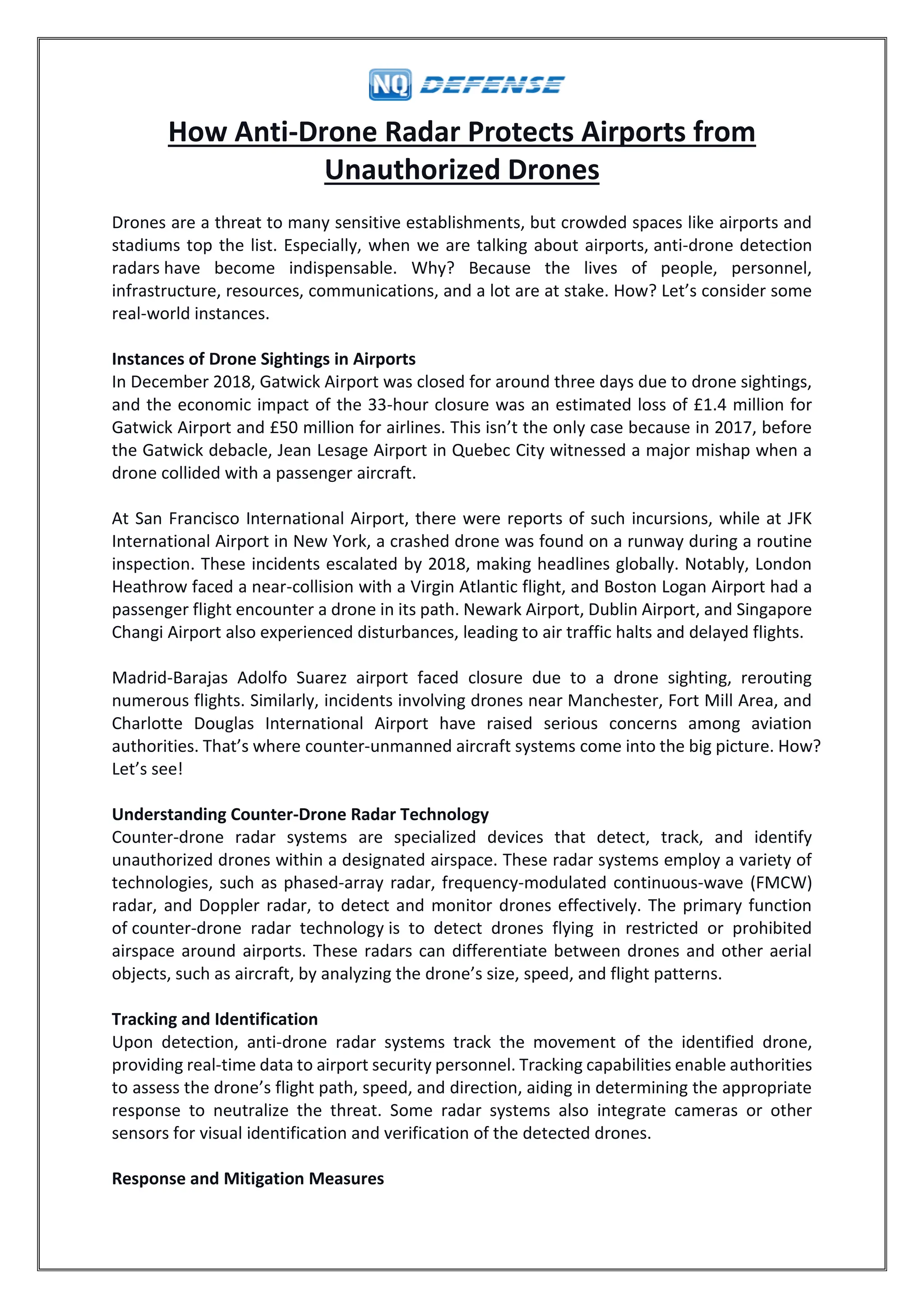 How Anti-Drone Radar Protects Airports from Unauthorized Drones | PDF