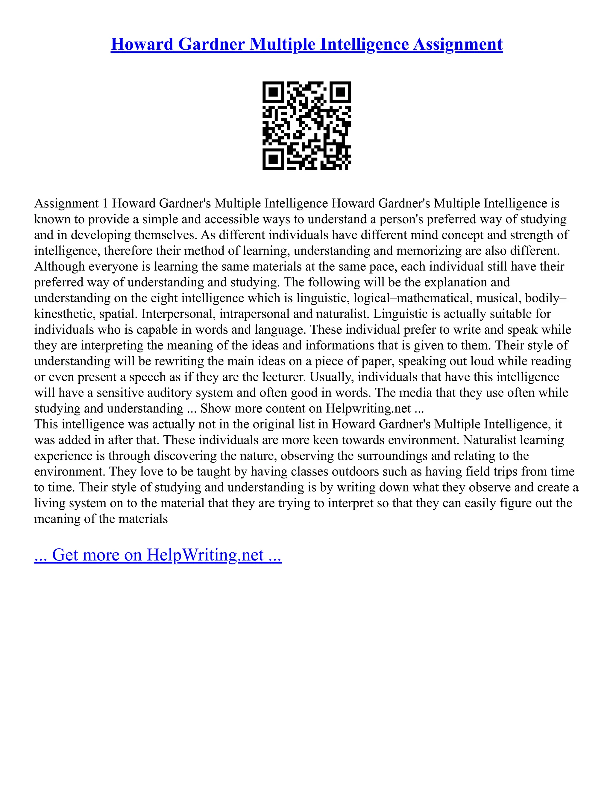 Howard Gardner Multiple Intelligence Assignment | PDF