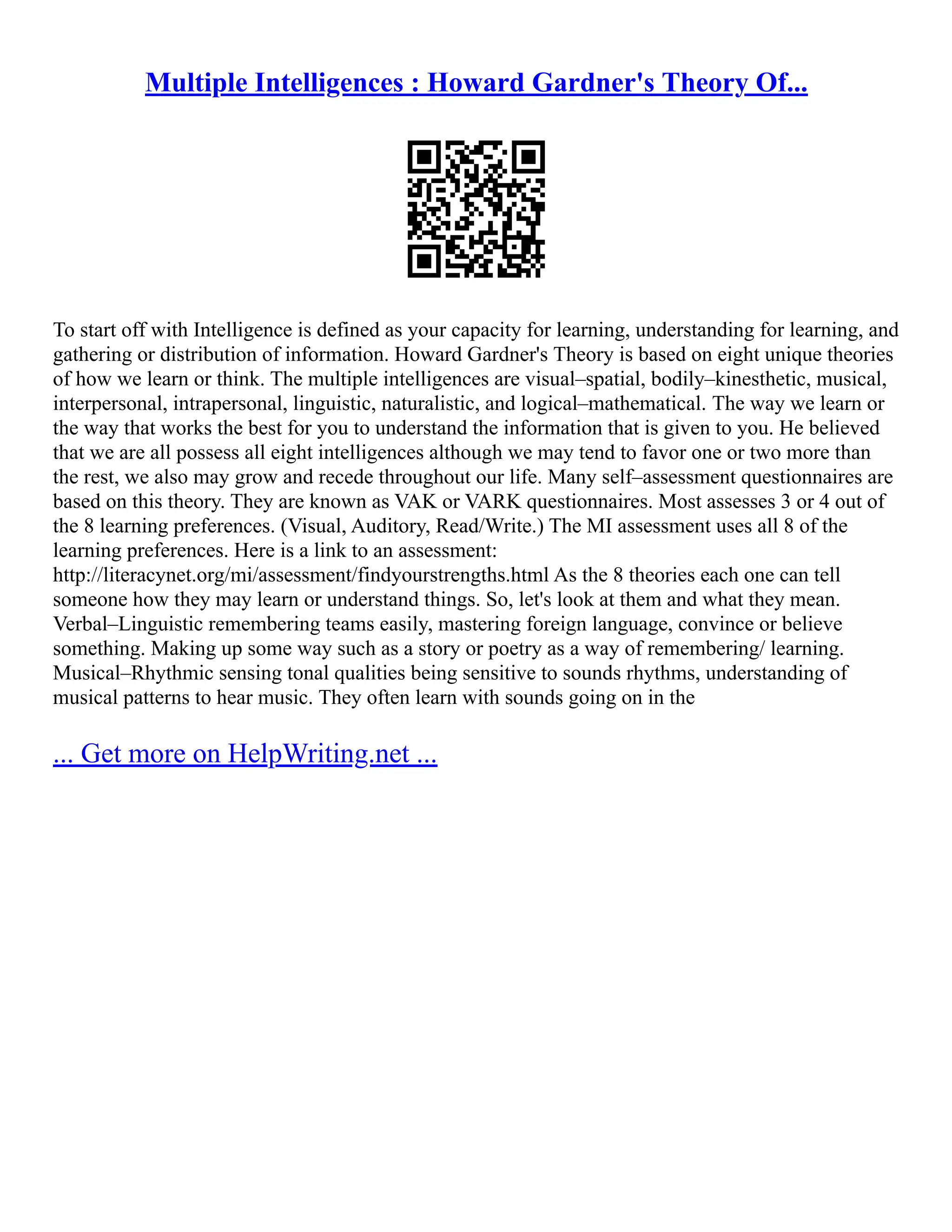 Howard Gardner Multiple Intelligence Theories | PDF