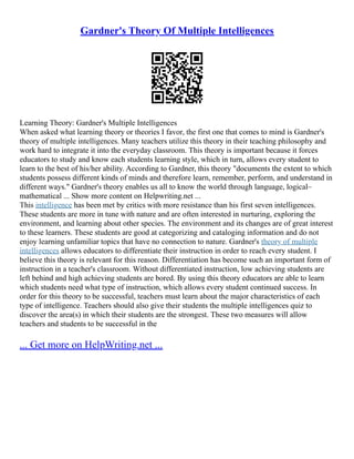 Howard Gardner Multiple Intelligence Theories | PDF