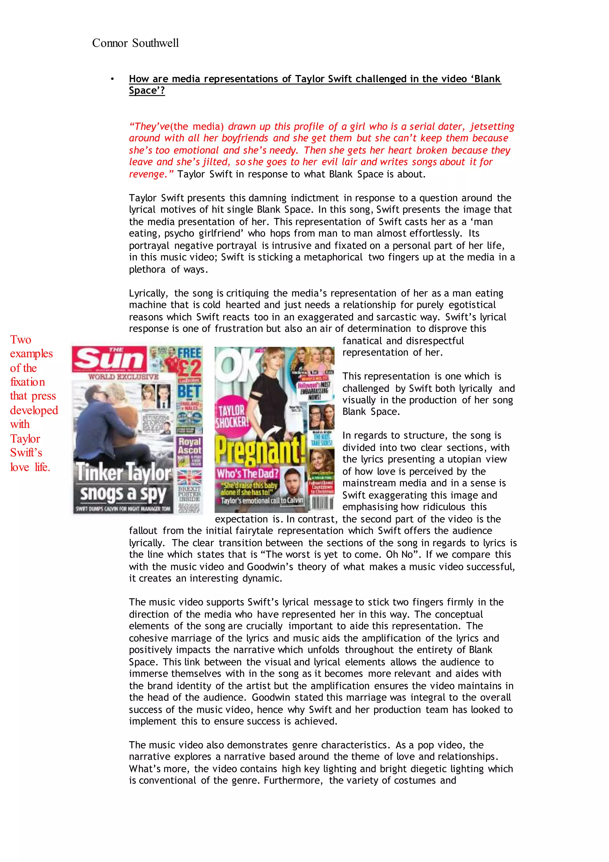 a2 Analysis of Taylor Swift's Blank Space | DOCX