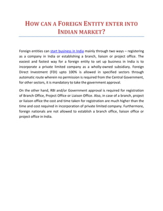 How can a Foreign Entity enter into Indian market? | PDF