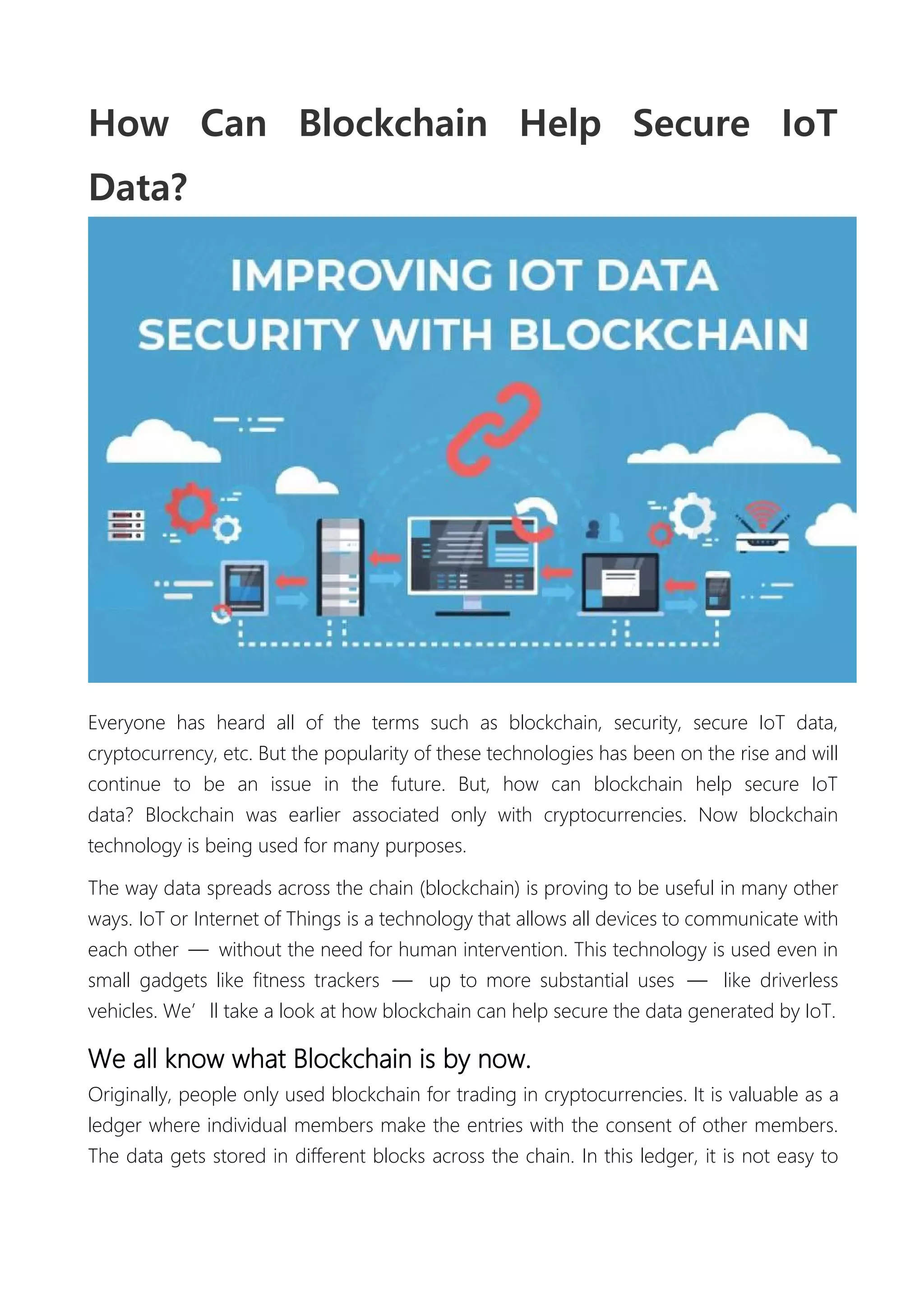 Securing IoT Data With Blockchain - A New Age Innovation | PDF