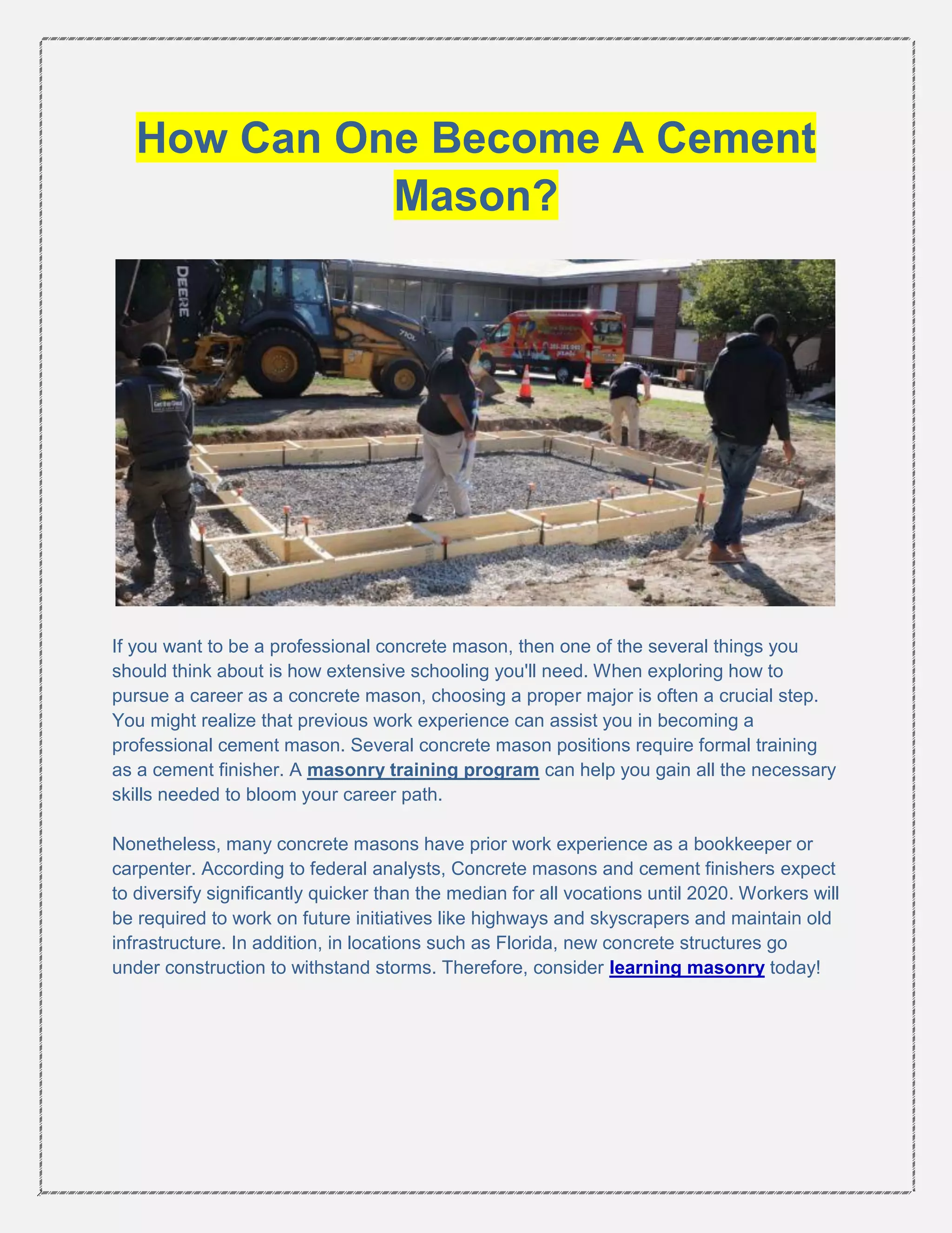Cement mason training: Path to becoming a cement mason? | PDF