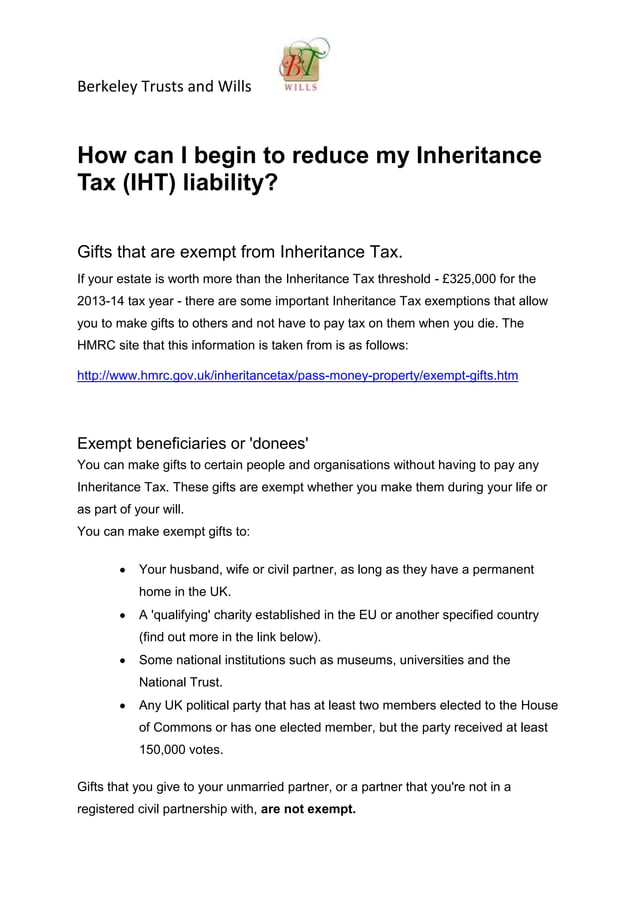 How to start reducing your Inheritance Tax (IHT) liability. | PDF