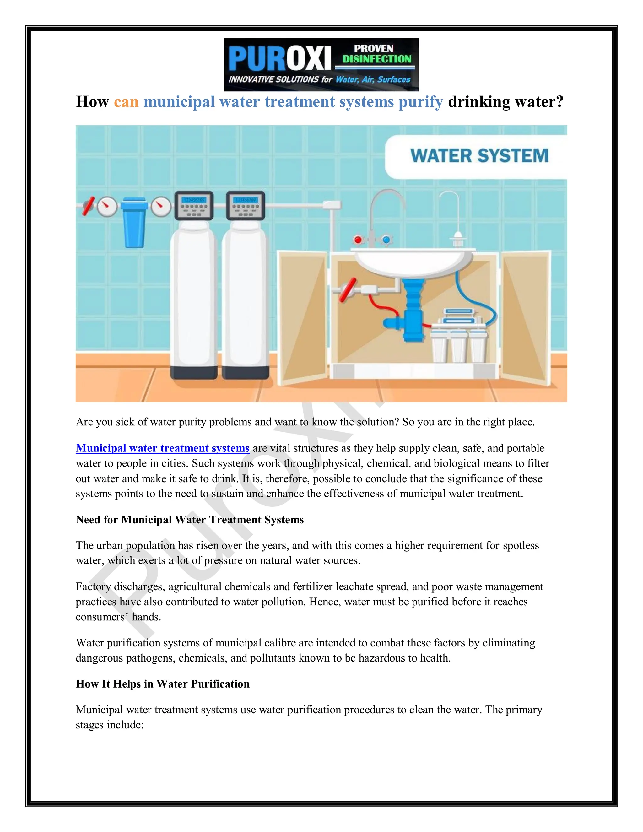 How can municipal water treatment systems purify drinking water? | PDF