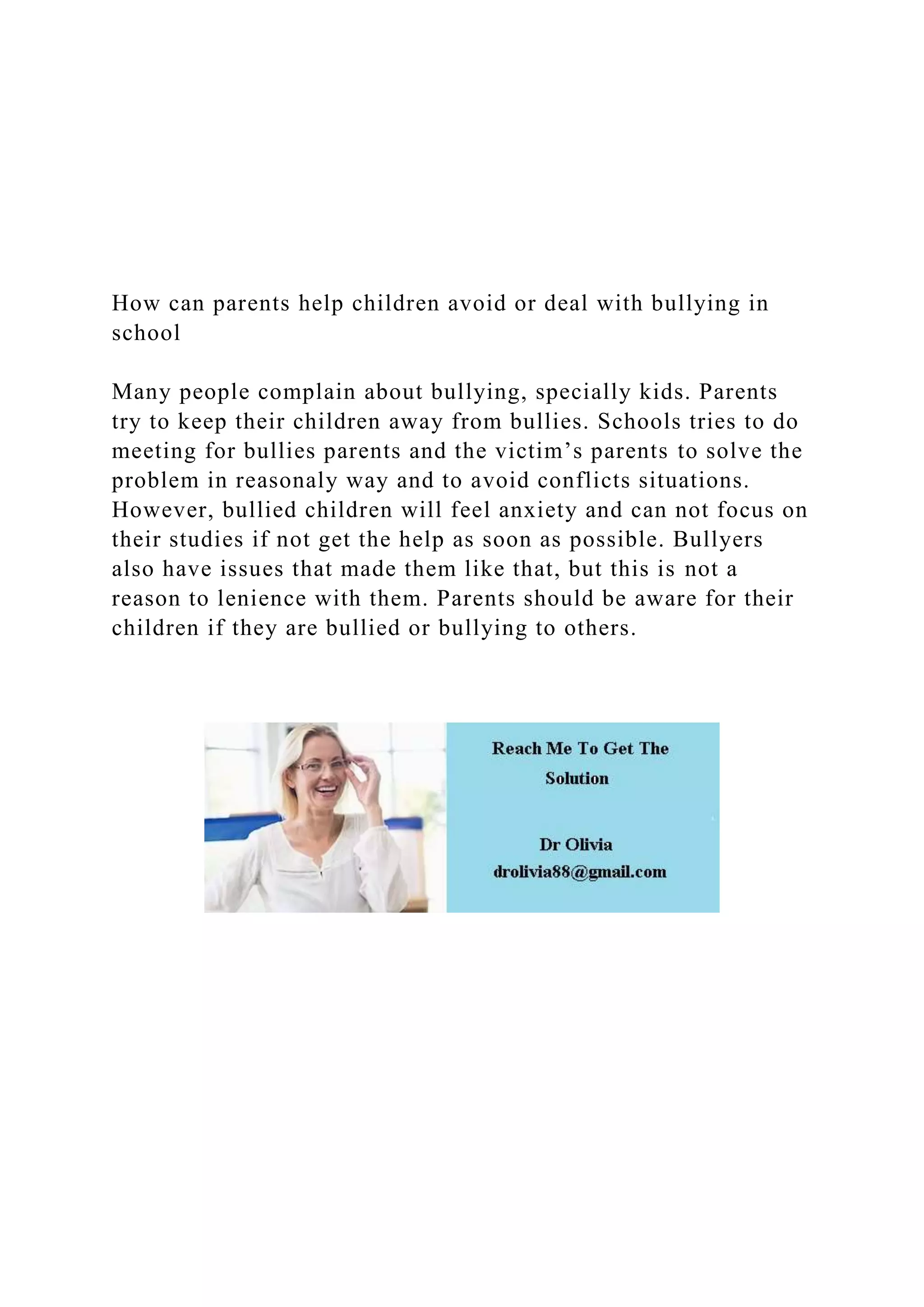 How can parents help children avoid or deal with bullying .docx