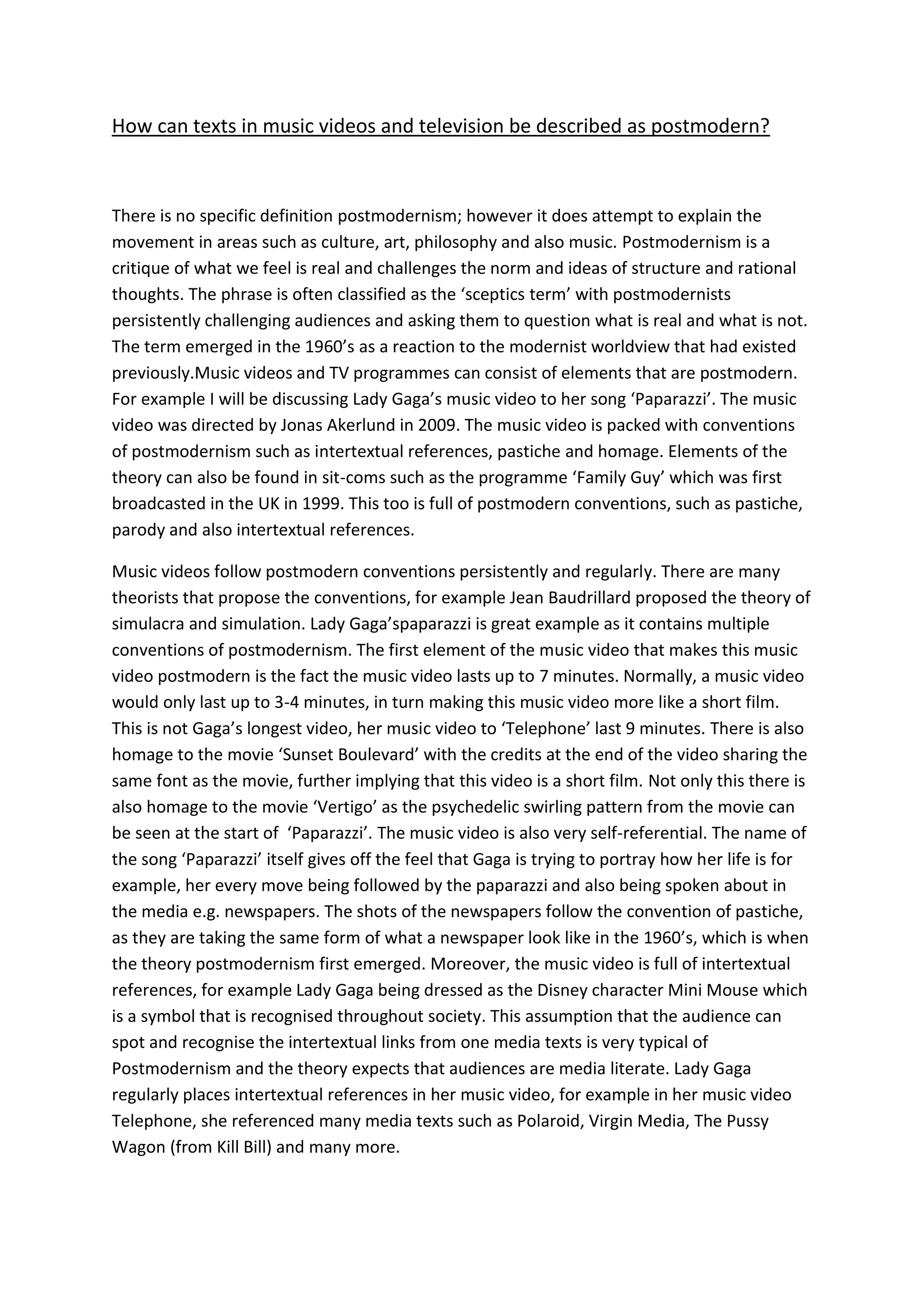 How can texts in music videos and television be described as postmodern ...