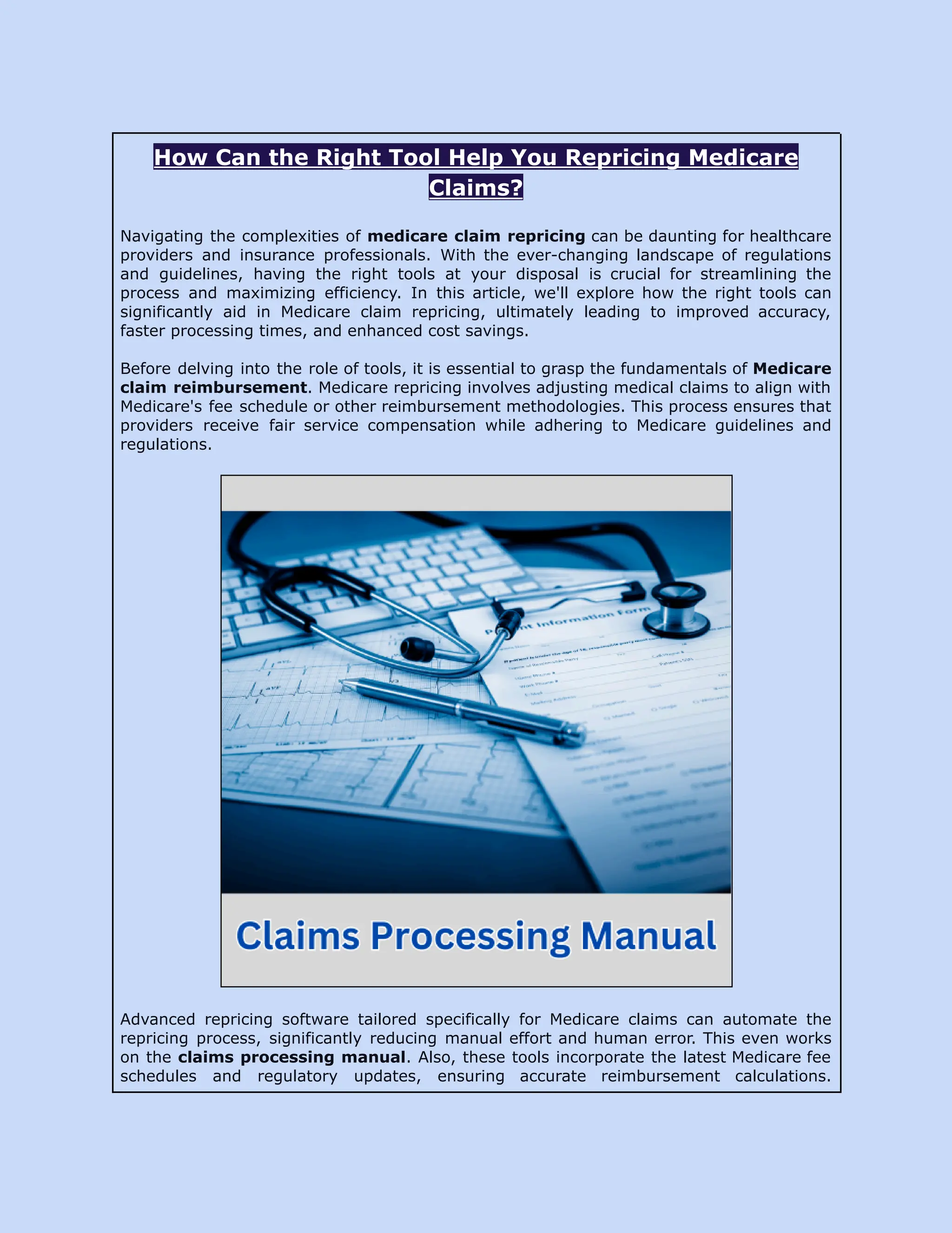 How Can the Right Tool Help You Repricing Medicare Claims? | PDF