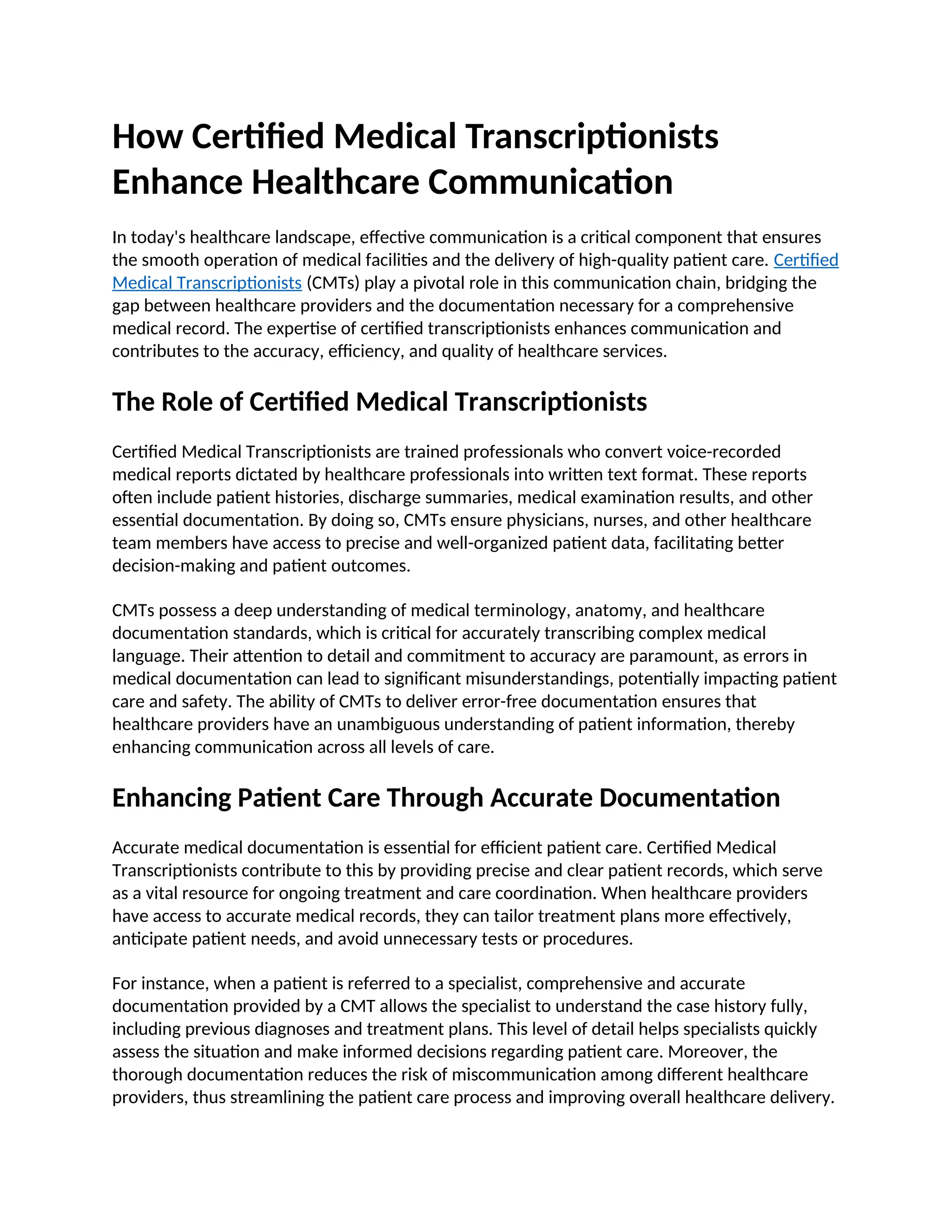 How Certified Medical Transcriptionists Enhance Healthcare ...