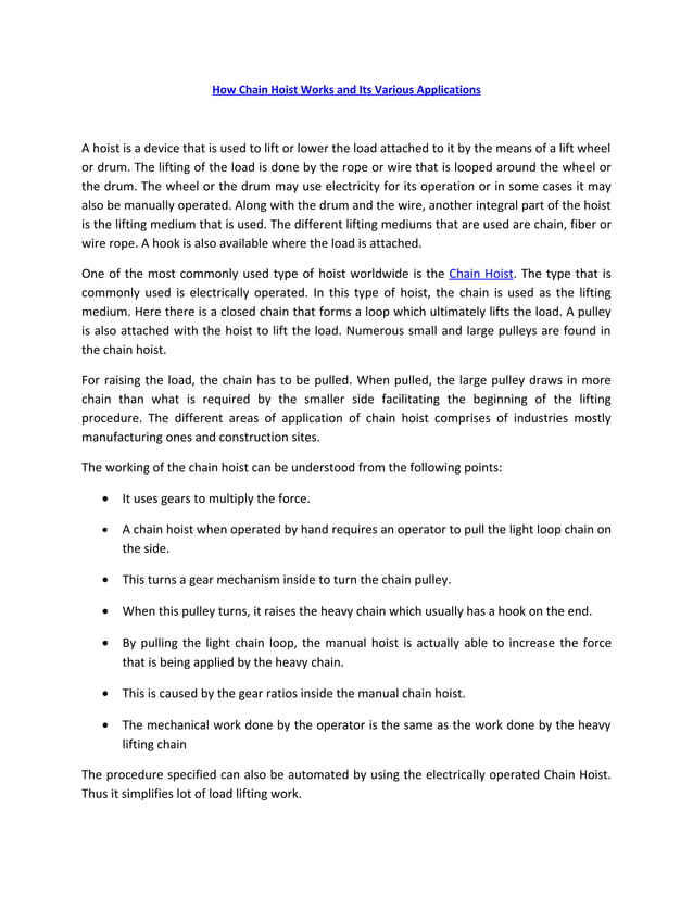 How Chain Hoist Works and Its Various Applications | PDF