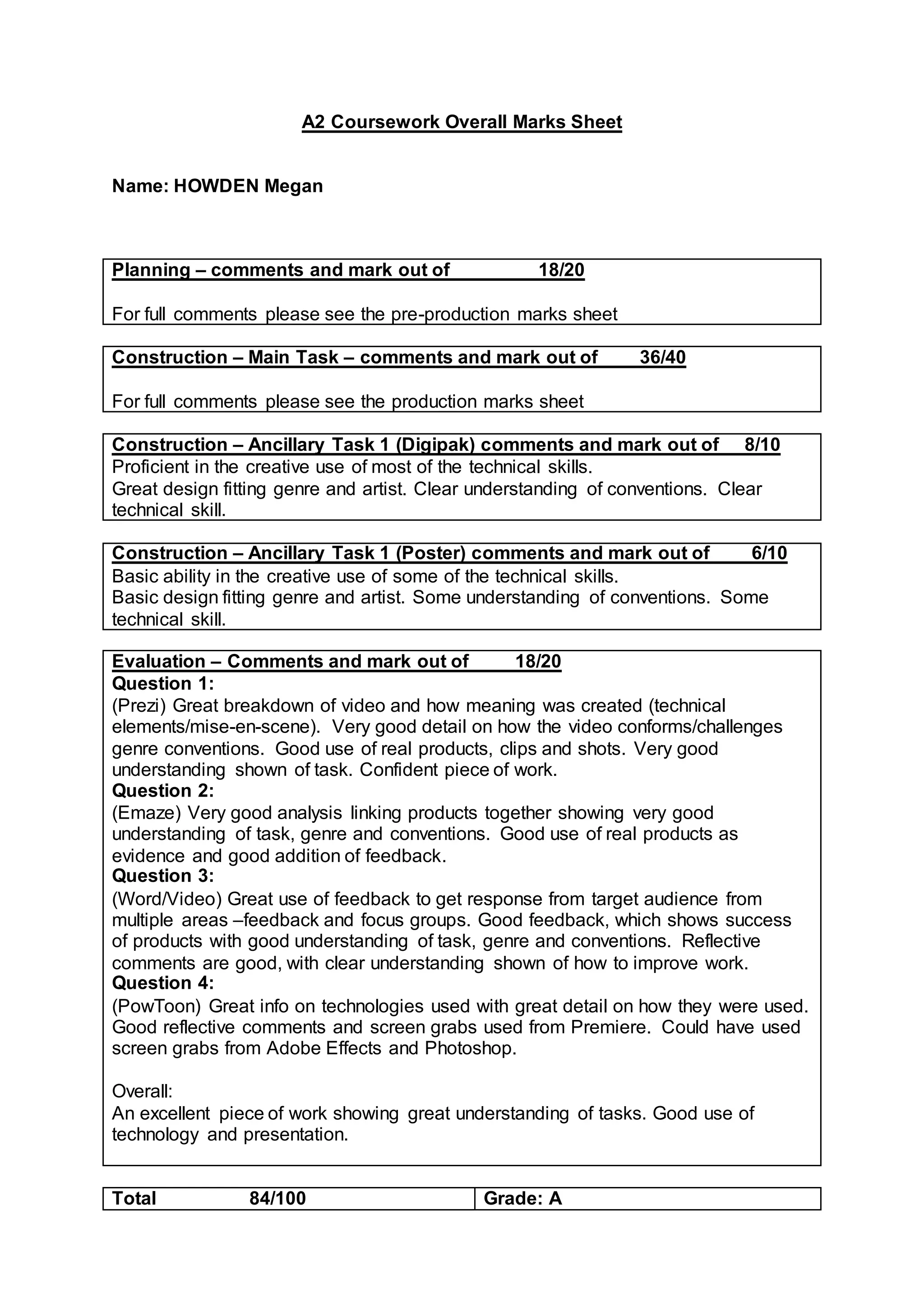 my evaluation and overall feedback sheet | DOCX