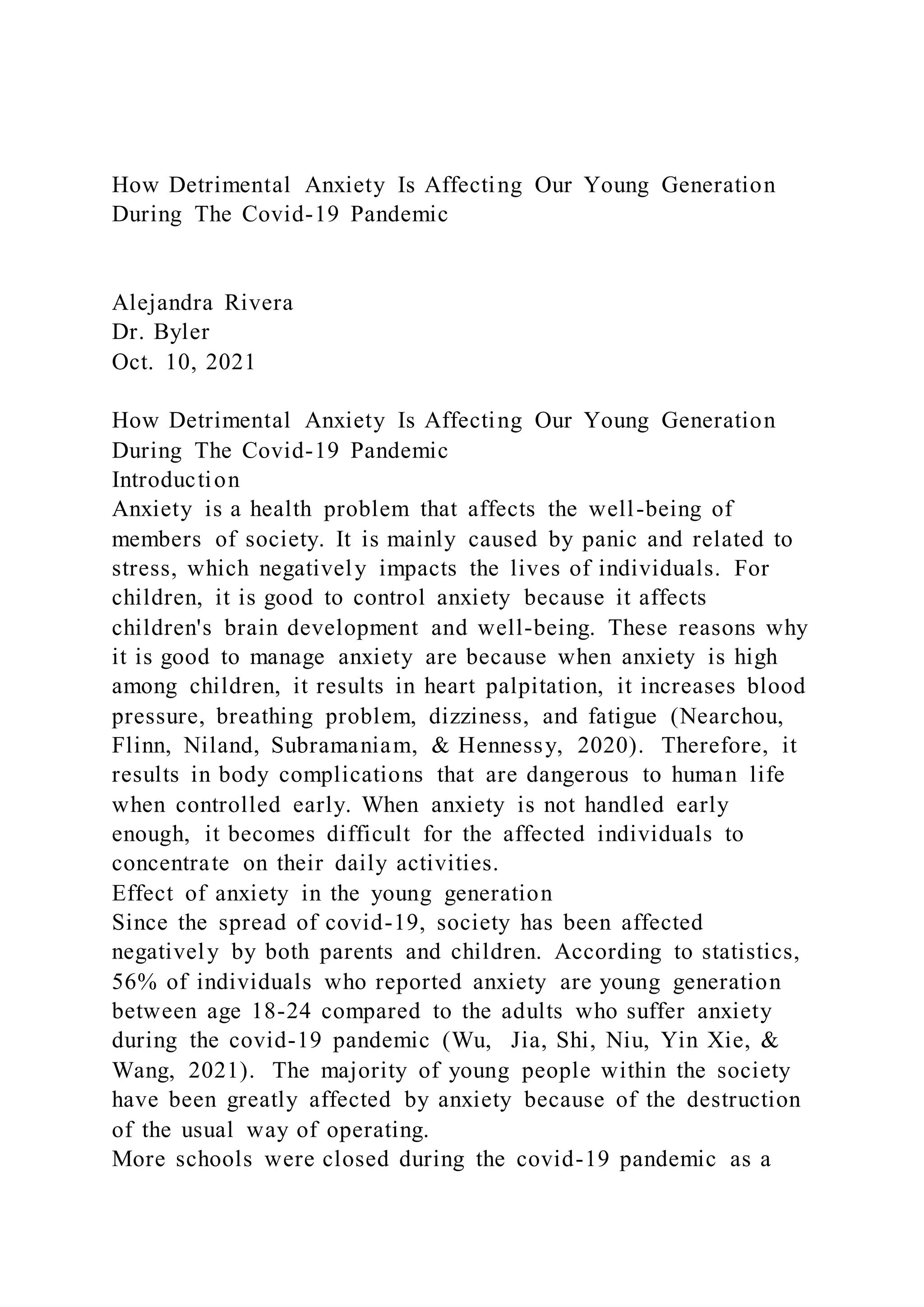 How Detrimental Anxiety Is Affecting Our Young Generation During T | DOCX