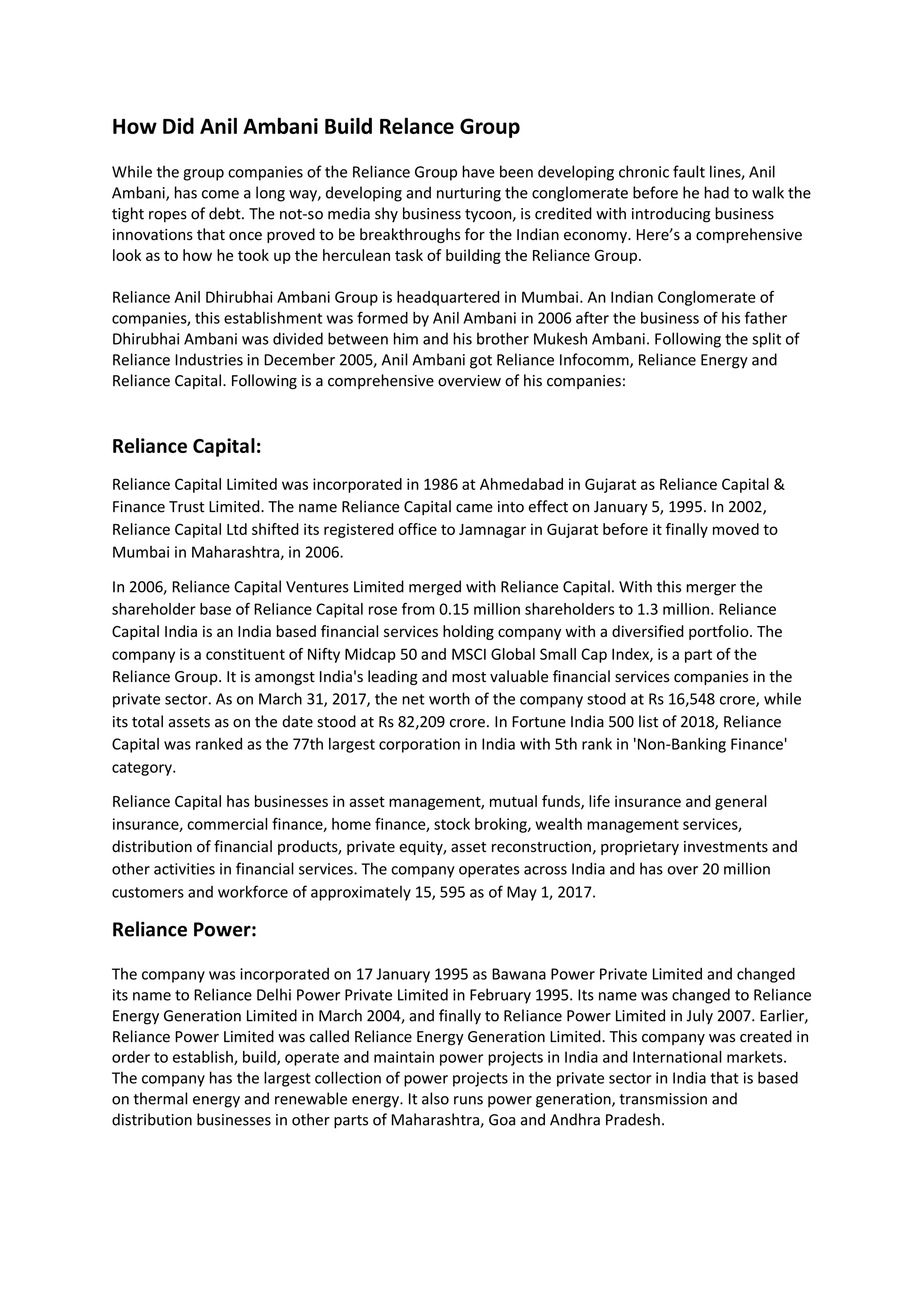 How did anil ambani build reliance group | PDF