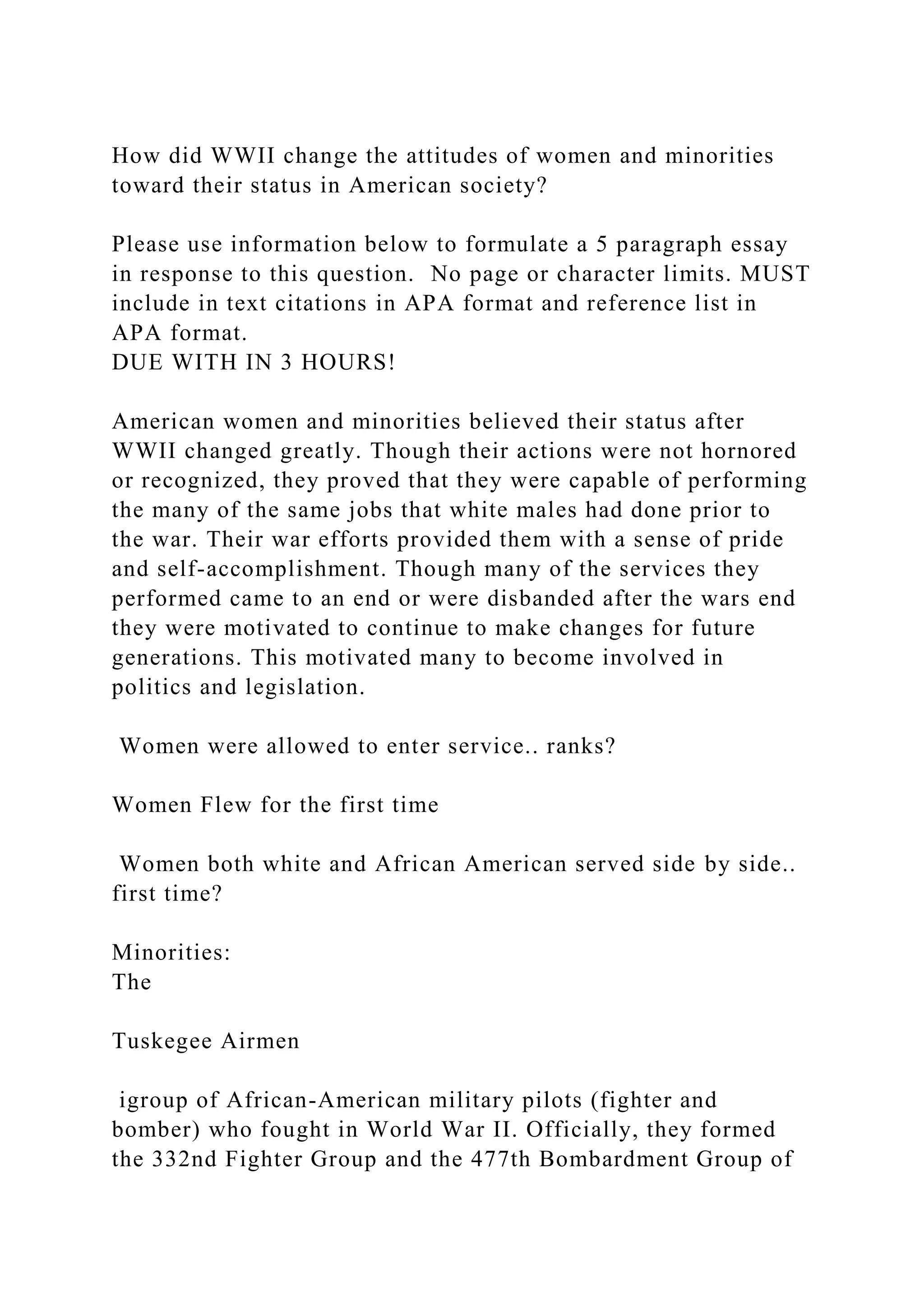 How did WWII change the attitudes of women and minorities toward the.docx