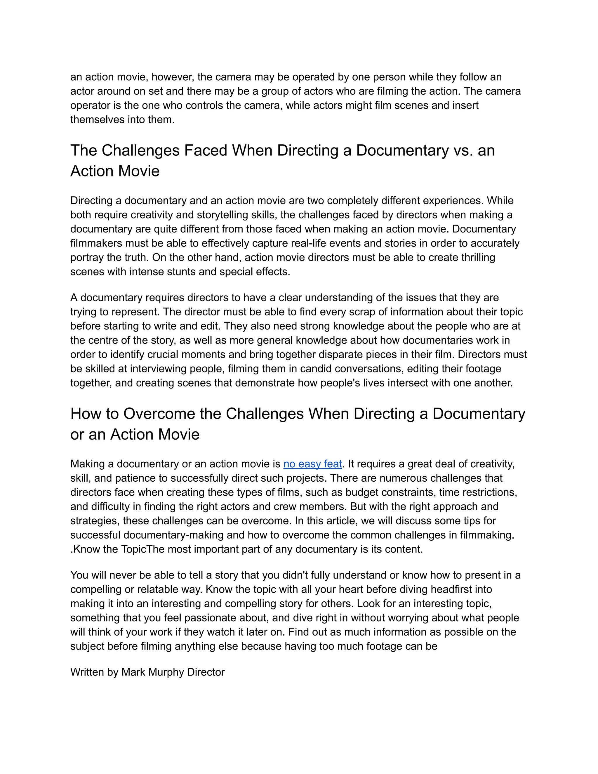 Exploring the Differences Between Directing a Documentary and an Action Movie | PDF ...