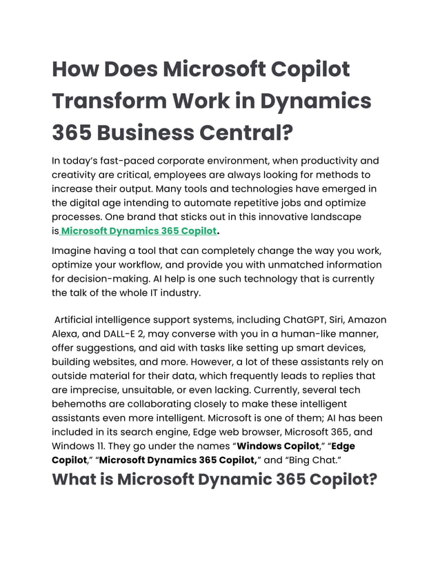 Microsoft Copilot Transformation in Dynamics 365 Business Central | PDF