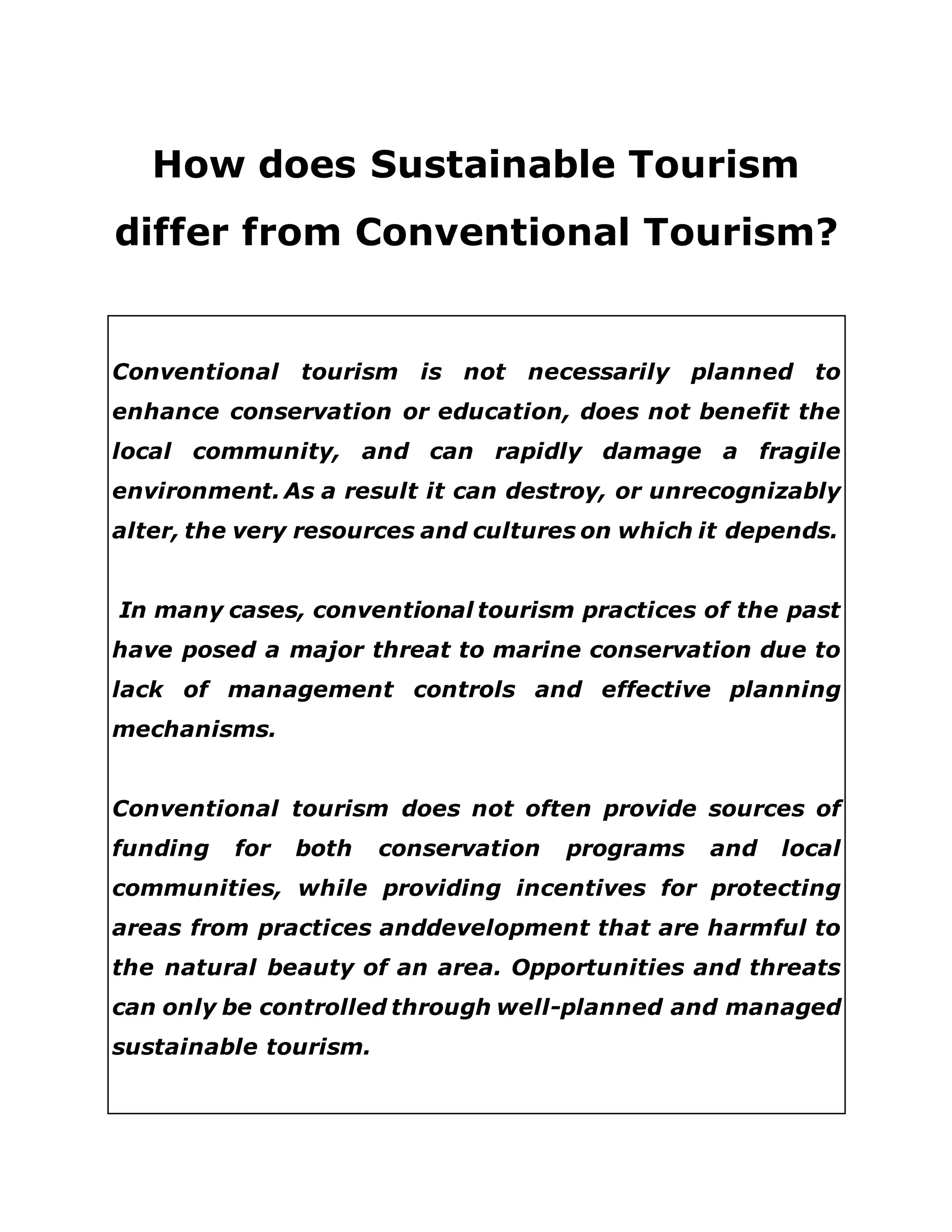 How does sustainable tourism differ from conventional tourism | DOCX