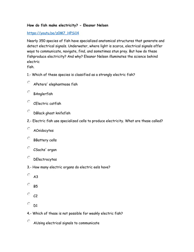 How do fish make electricity | DOC | Fish and Aquariums | Pets