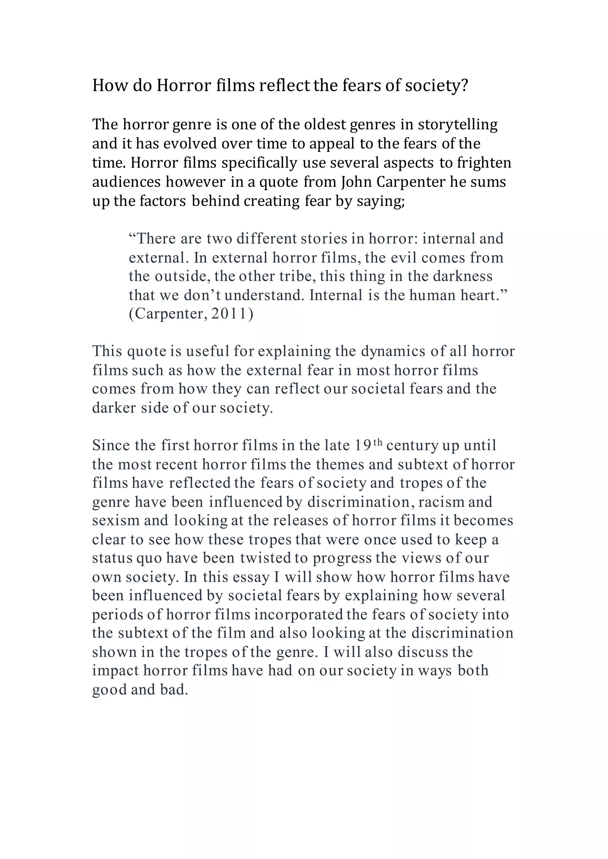 How do horror films reflect the fears of society | DOCX