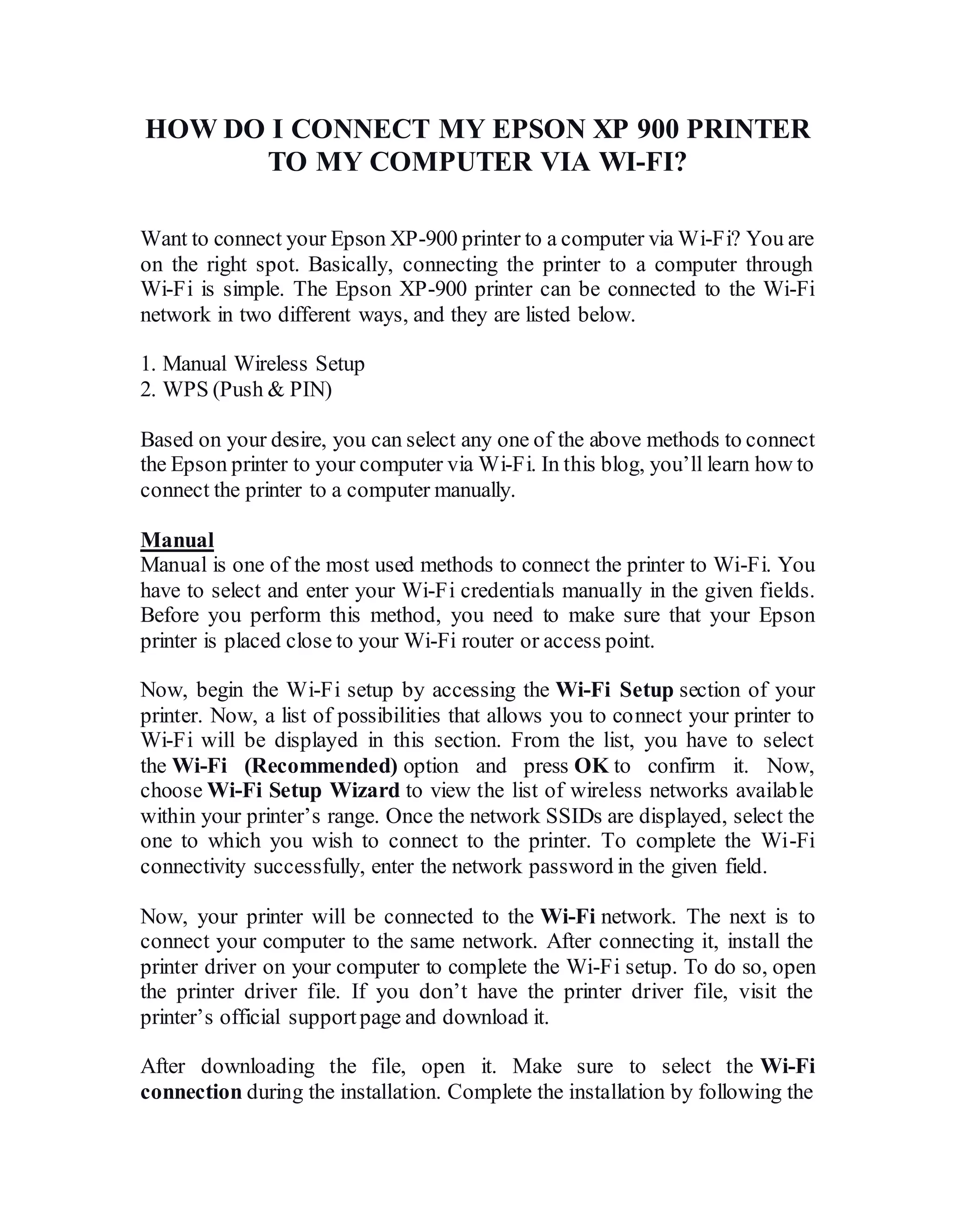 HOW DO I CONNECT MY EPSON XP 900 PRINTER TO MY COMPUTER VIA WI-FI? | DOC